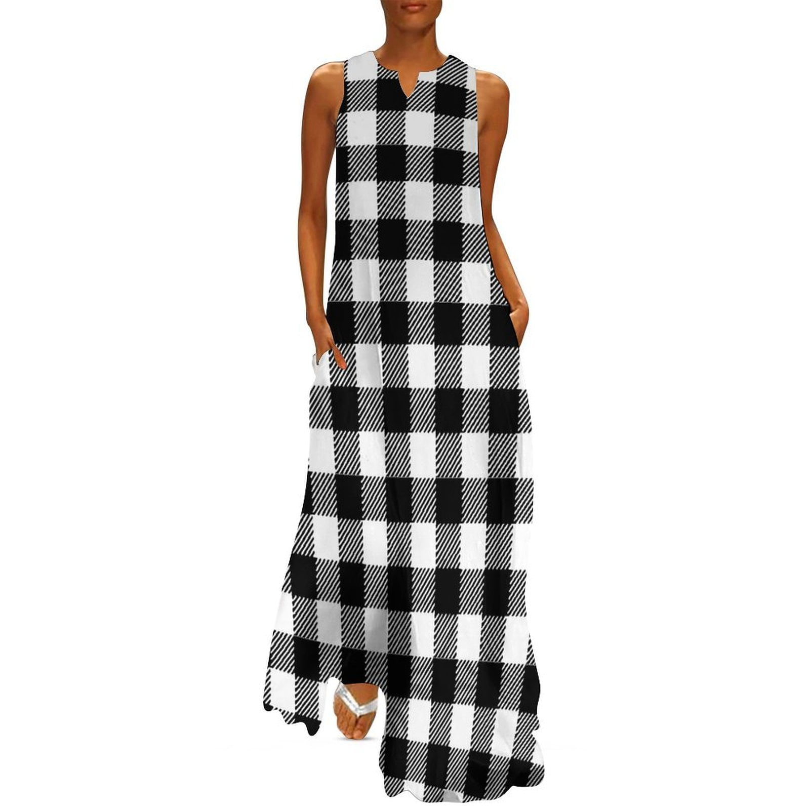 Classic Check Print Dress Black White Vintage Maxi Dress Street Fashion ...