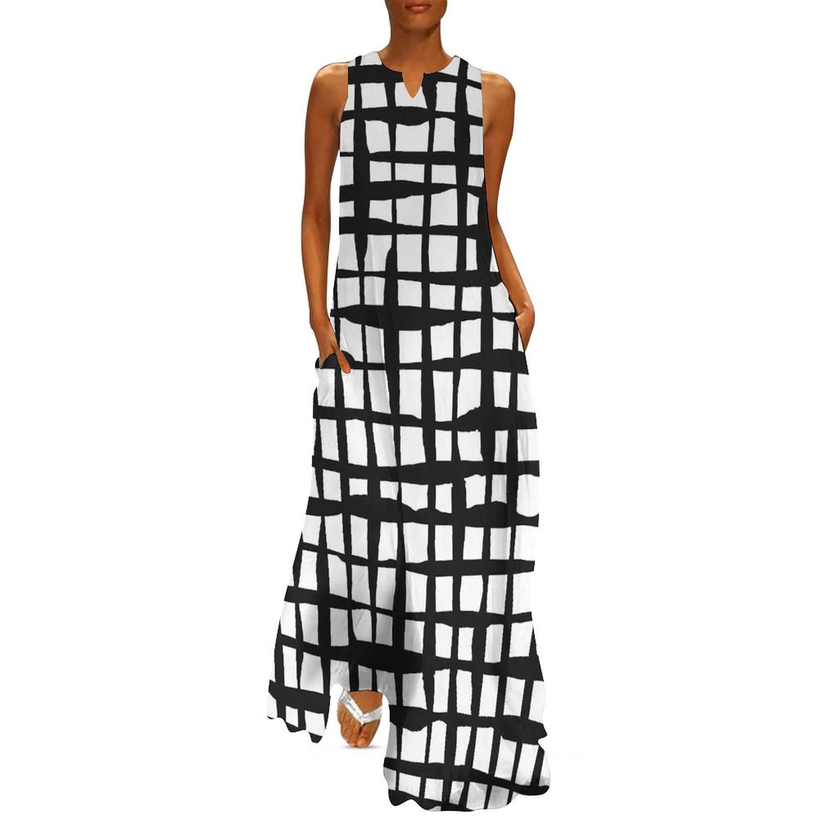 Classic Check Print Dress Black White Vintage Maxi Dress Street Fashion ...