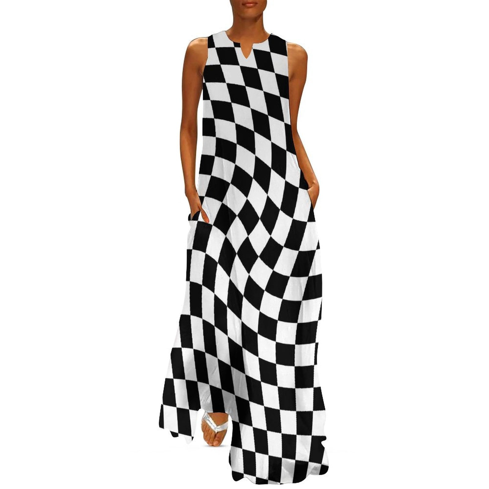 Classic Check Print Dress Black White Vintage Maxi Dress Street Fashion ...