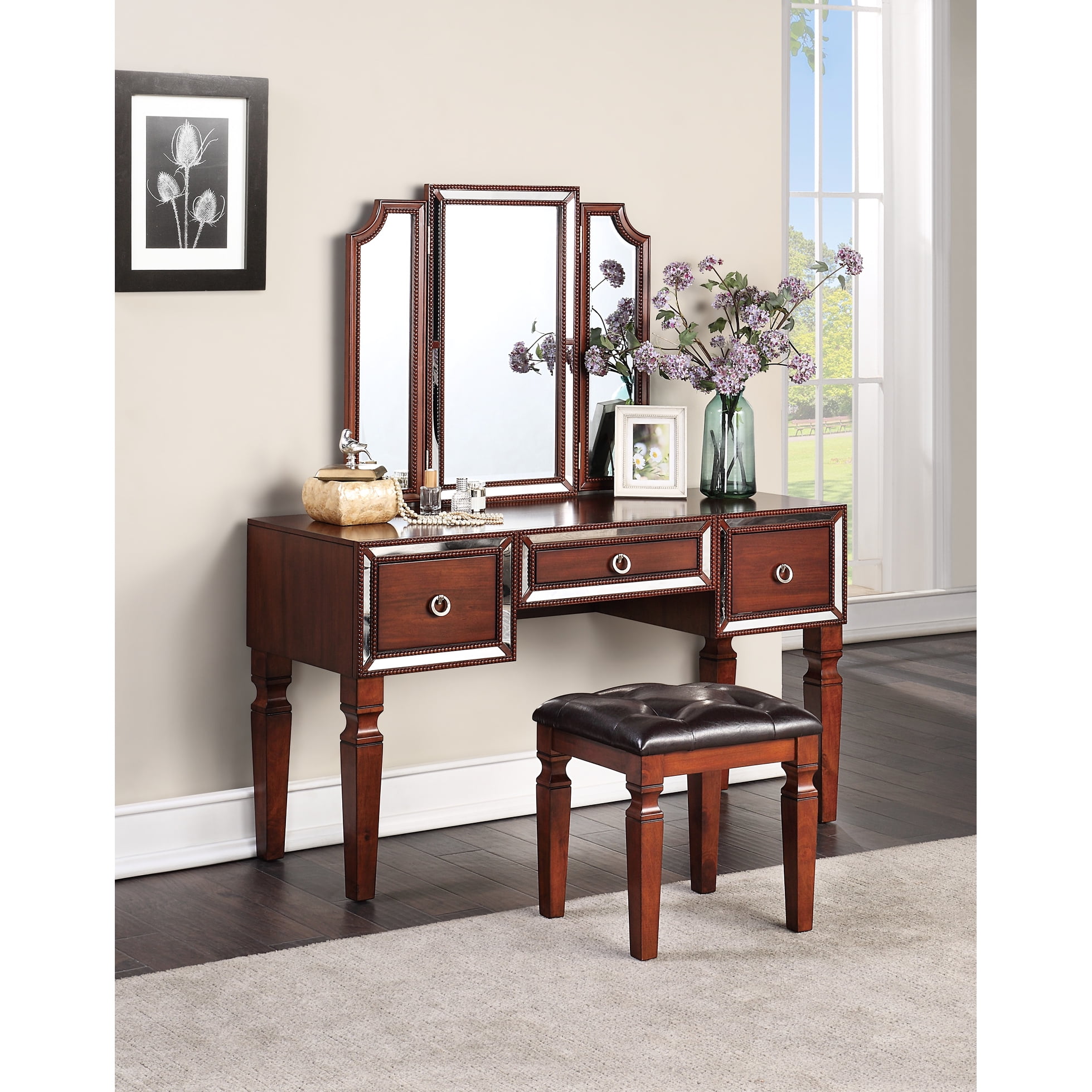 Classic Cherry Bedroom Vanity - With Stool, 3 Drawers & Tri Mirror ...