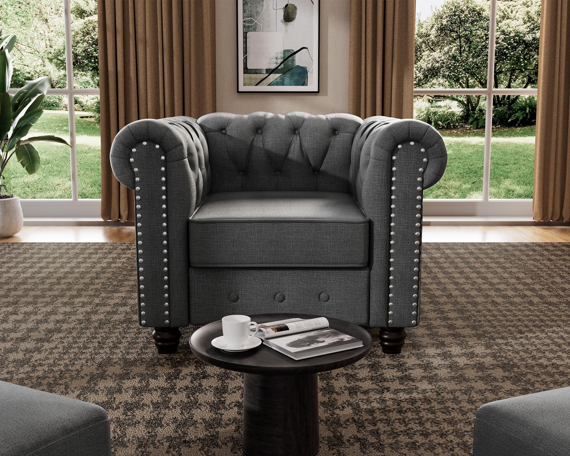 Classic Chesterfield Sofa Chair Set, Tufted Arm Chair Sofa with Solid ...