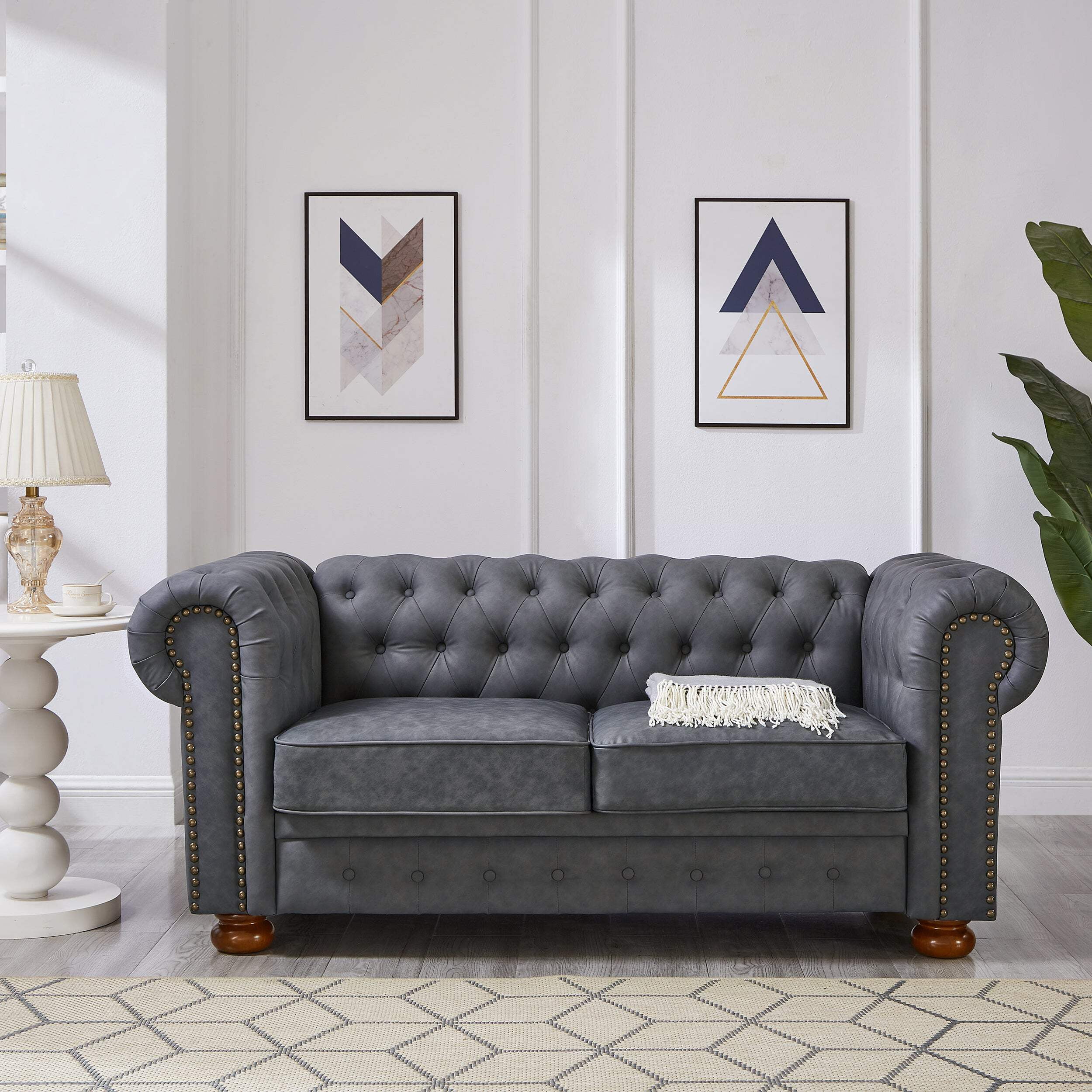 Classic Chesterfield Sofa Loveseat For Living Room Grey Faux Leather ...
