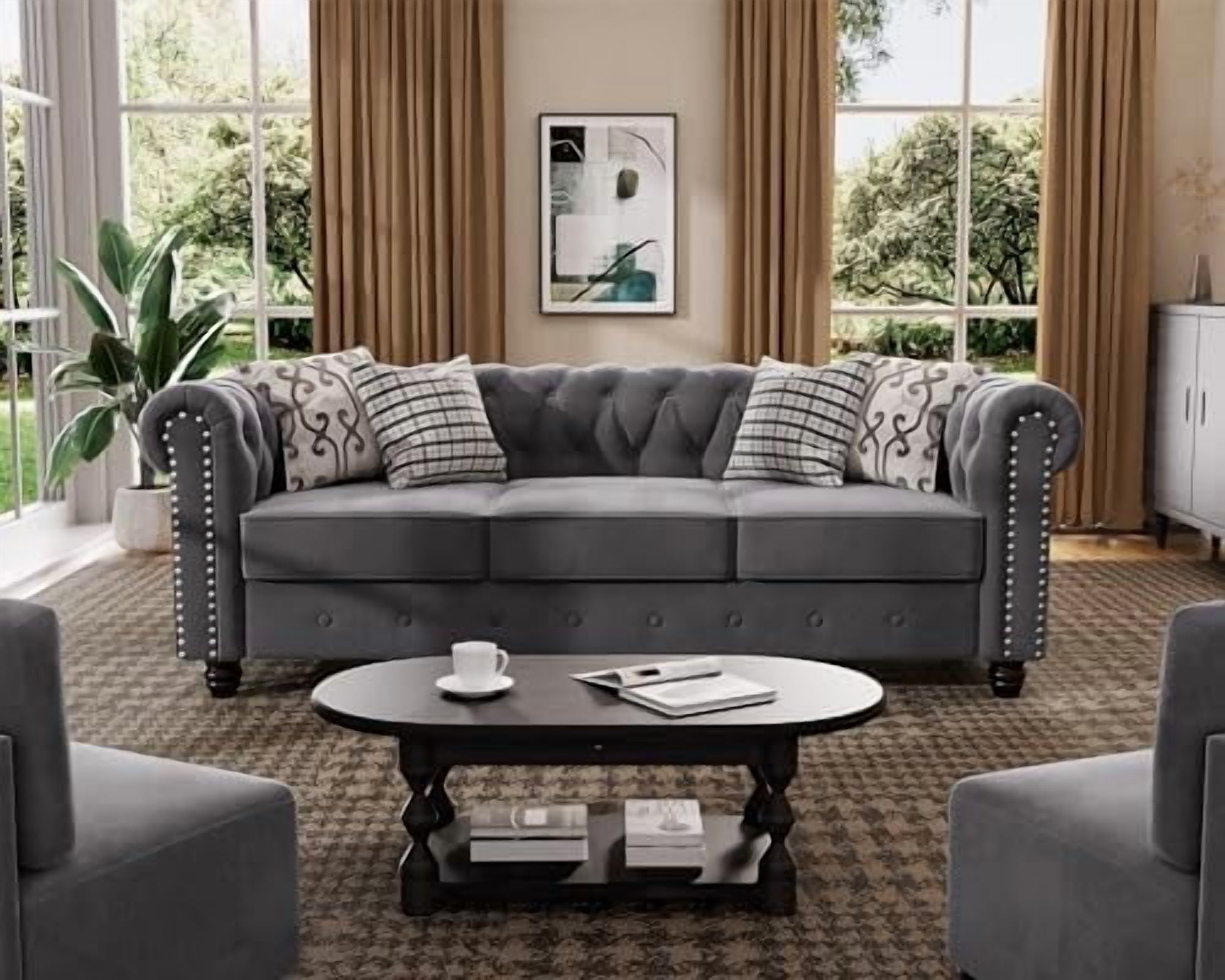 Classic Chesterfield Sofa Set 82'', Tufted Sofa Set with Solid Wood ...