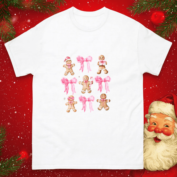 Classic Christmas Gingerbread Man Pink Bow Pattern Unisex T-Shirt, for ...
