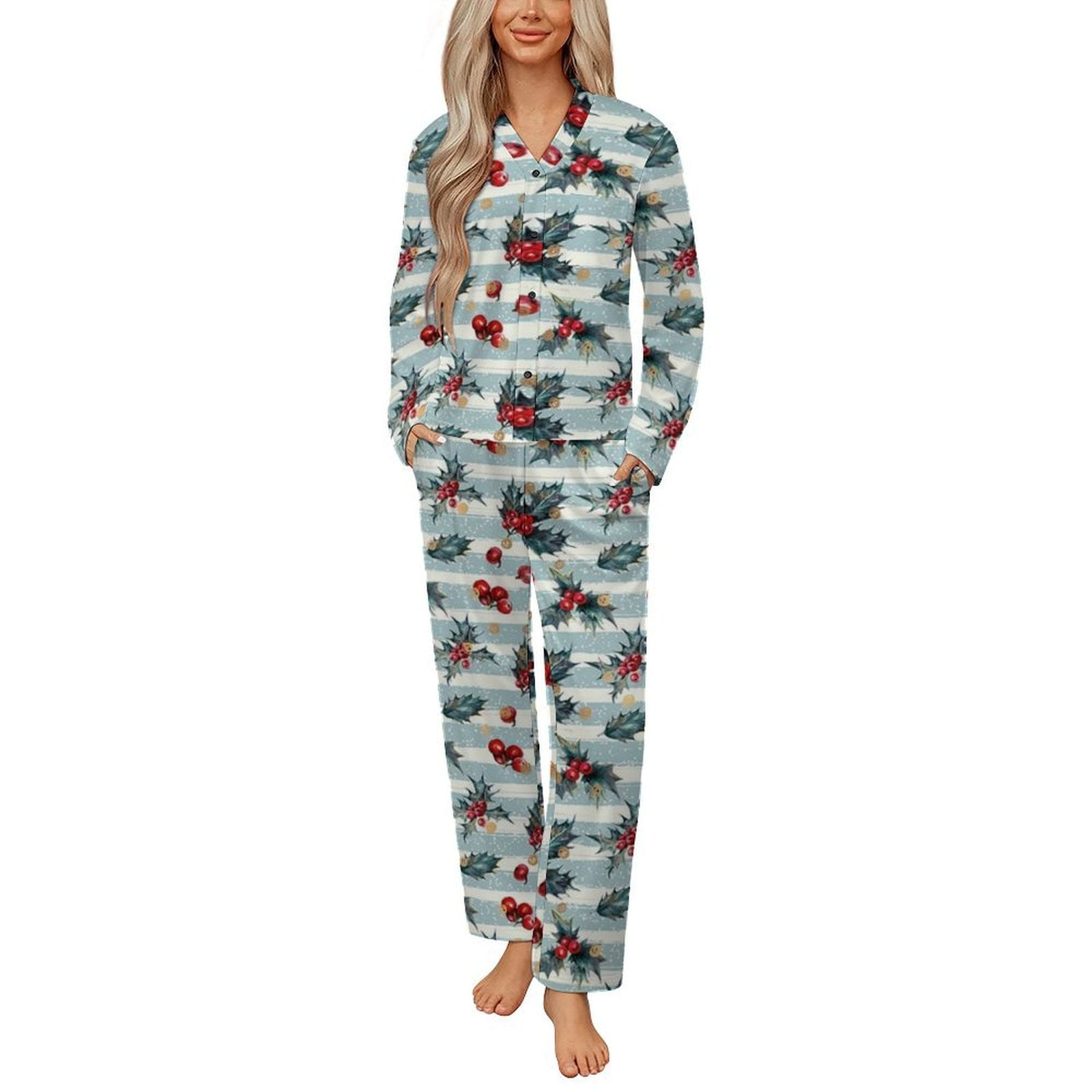Classic Christmas Pattern Womens Pyjamas Set Button Up Pyjamas Womens ...