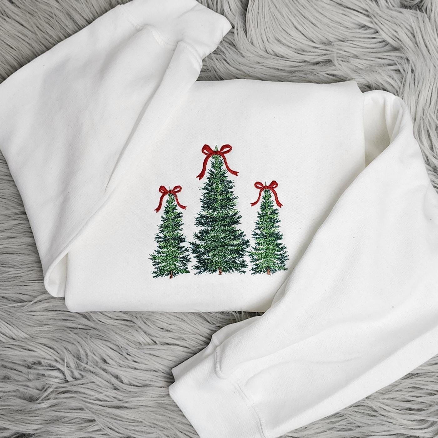 Classic Christmas Trees Embroidered Crewneck, Delicate Bow Christmas ...