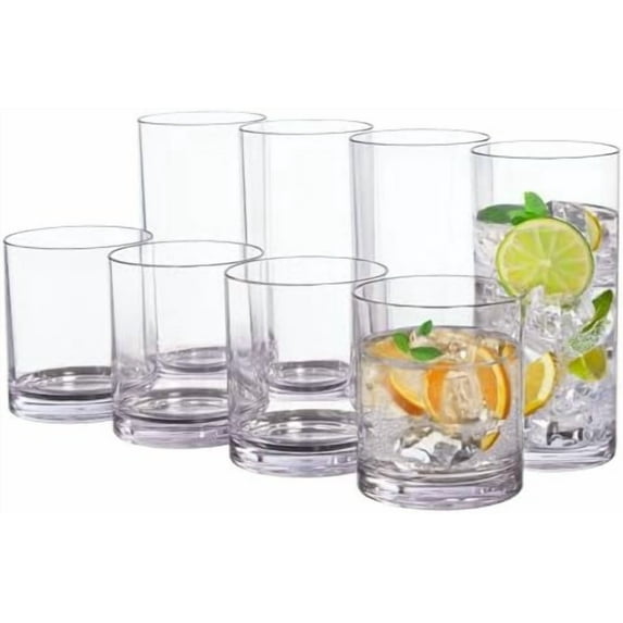 Classic Clear Plastic Reusable Drinking Glasses (Set of 8) 12oz Rocks ...
