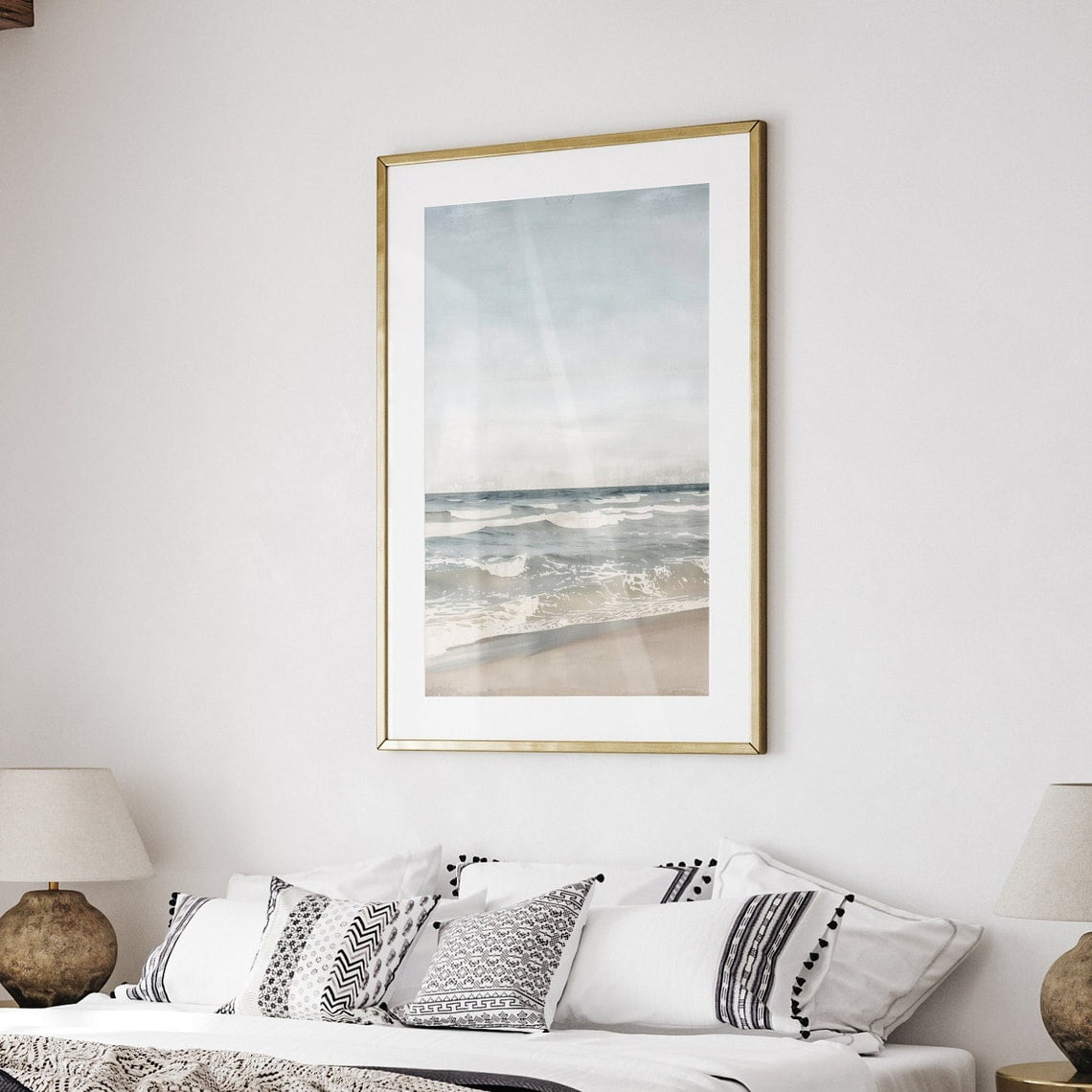 Classic Coastal Art, Ocean Oil Painting Landscape, Neutral Beach Print ...