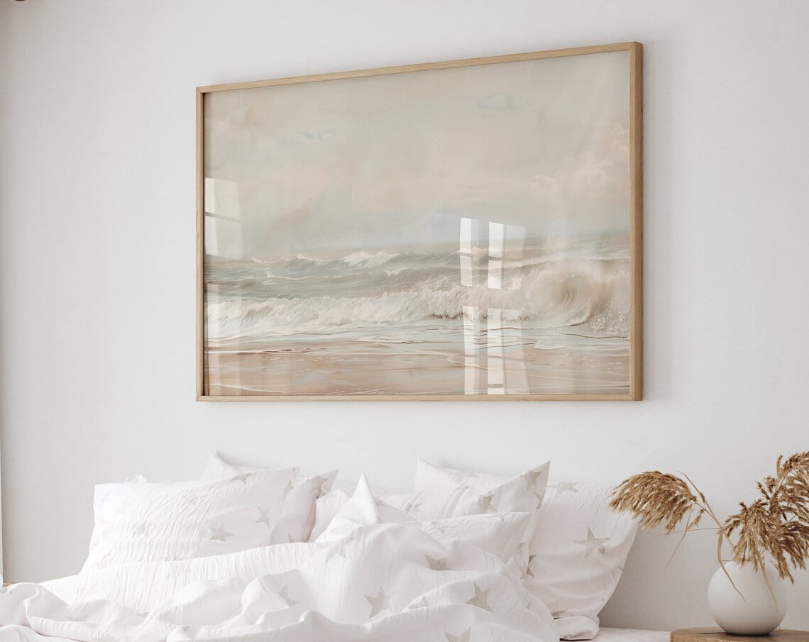 Classic Coastal Art, Ocean Oil Painting Landscape, Neutral Beach Print ...