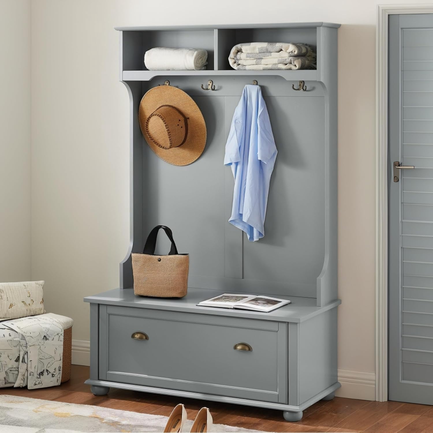 Classic Coastal Style Hall Tree, 64.5" H Entryway with Solid Wood Feet ...