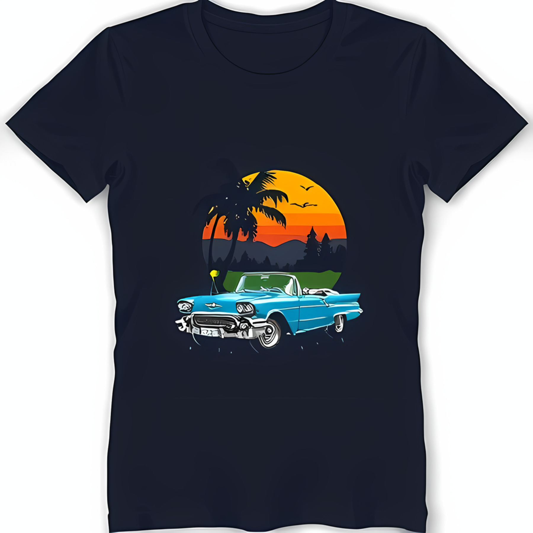Classic Convertible Car T-Shirt Blue with Sunset & Trees Design ...
