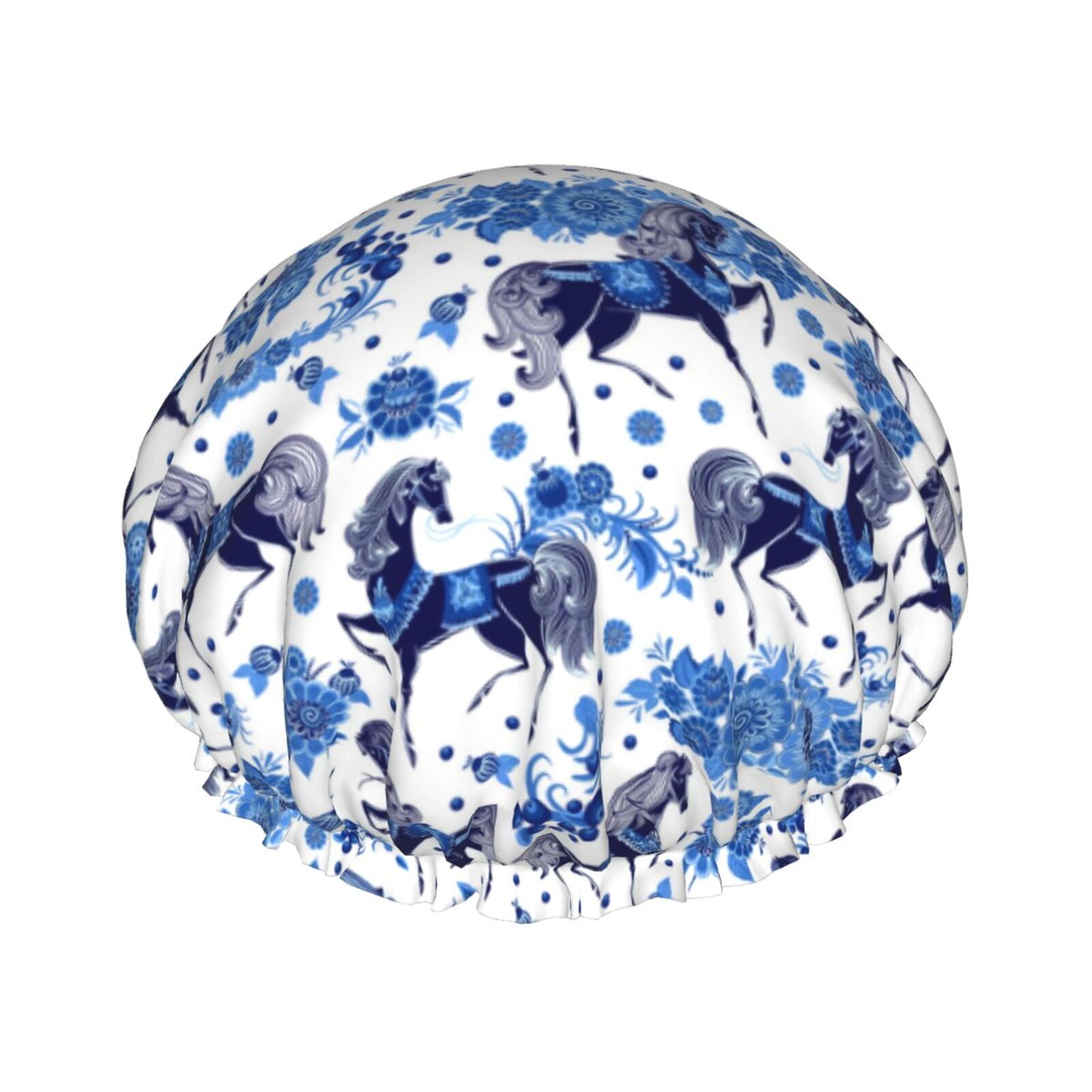 Classic Cool Horse Flower Blue Shower Cap for Women, Double Waterproof ...