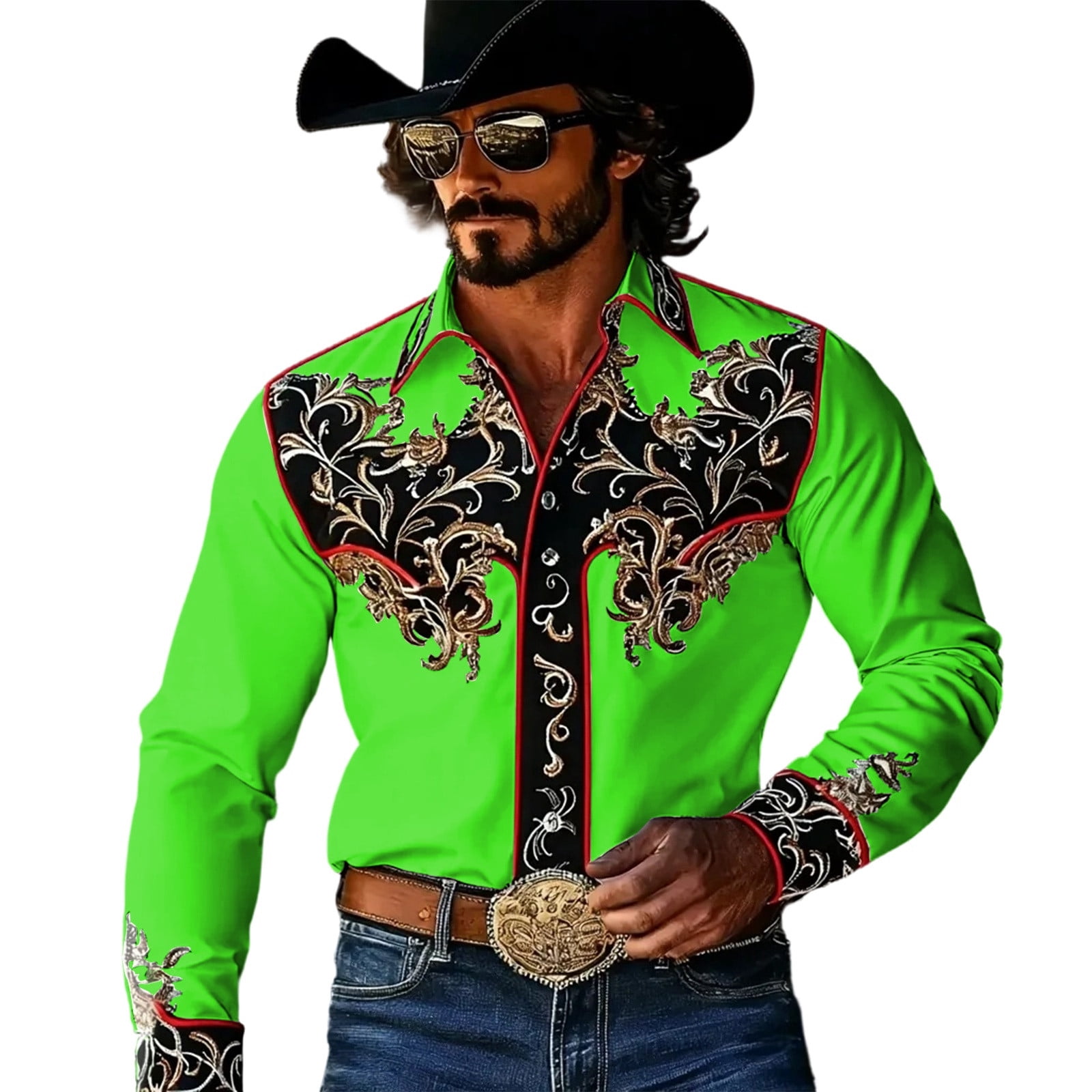 Classic Cowboy Print Western Denim Long Sleeve Button Down Shirt Casual ...