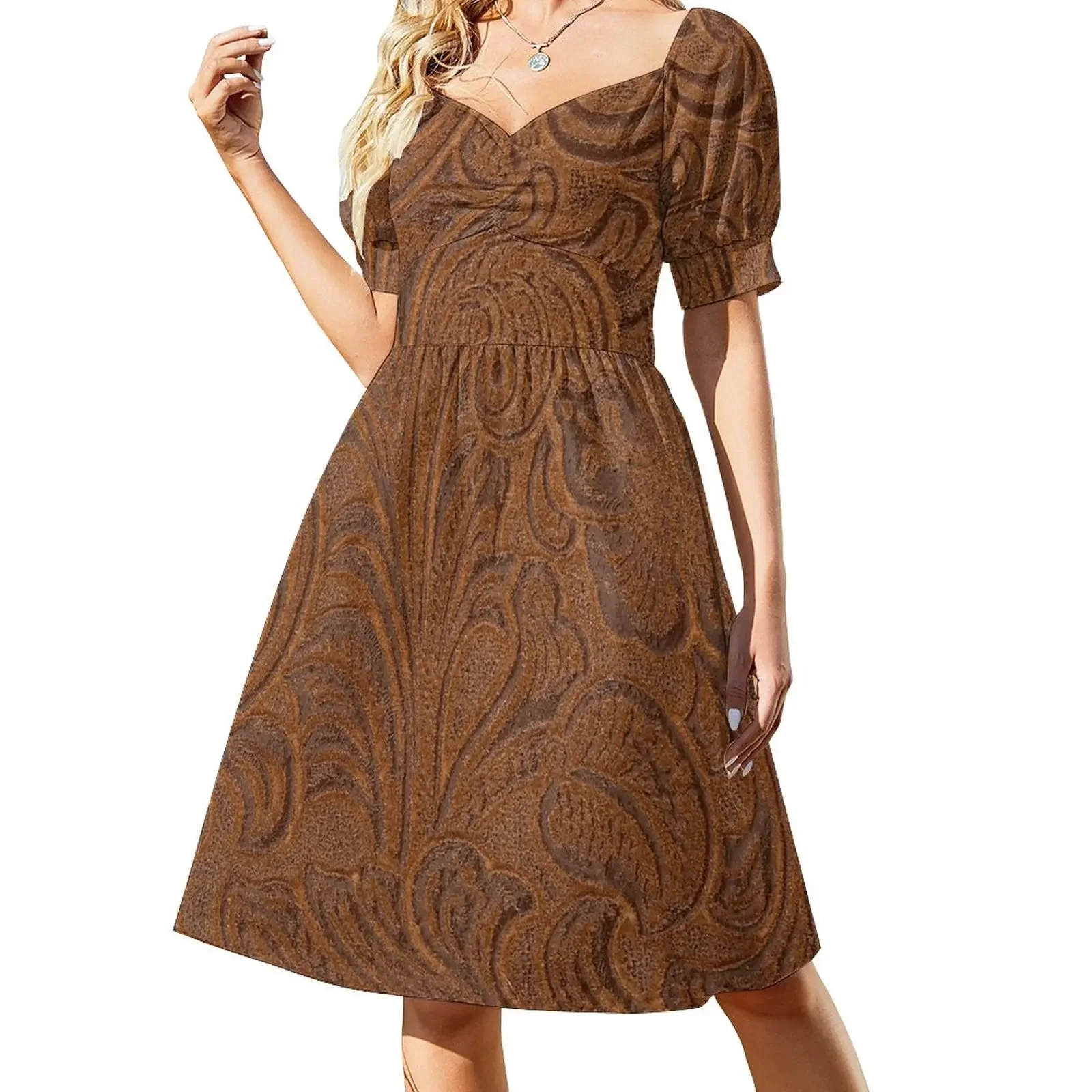 Classic Cowboy Tooled Leather Brown Floral Sleeveless Dress Dress for ...