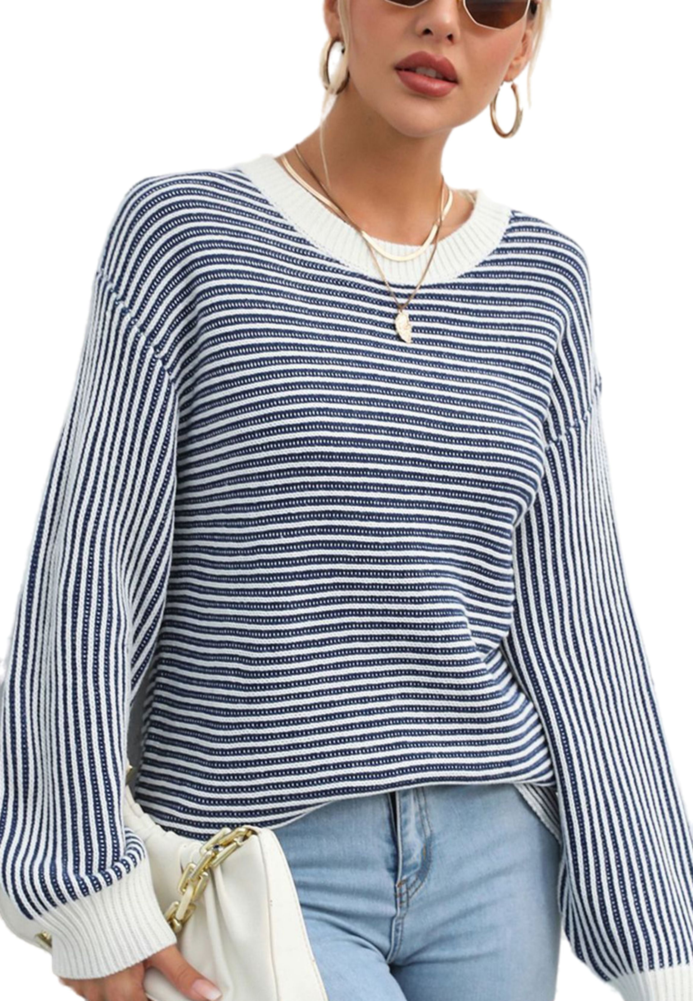 Classic Crew Neck Drop Shoulder Striped Pattern Sweater for Women Navy ...