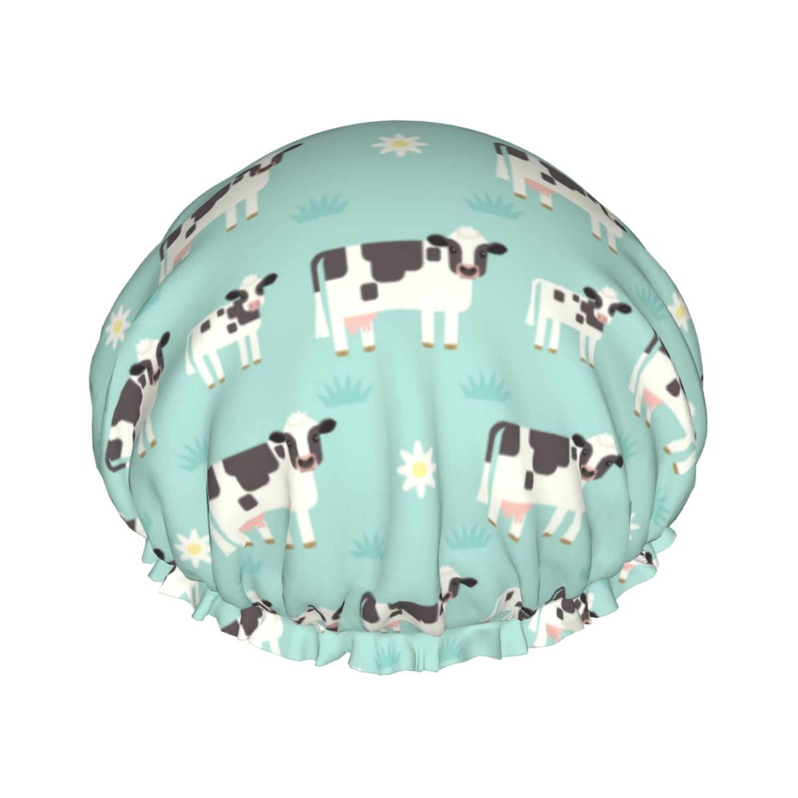 Classic Cute Cartoon Cow Green Shower Cap, Reusable Bath Hair Hat for ...