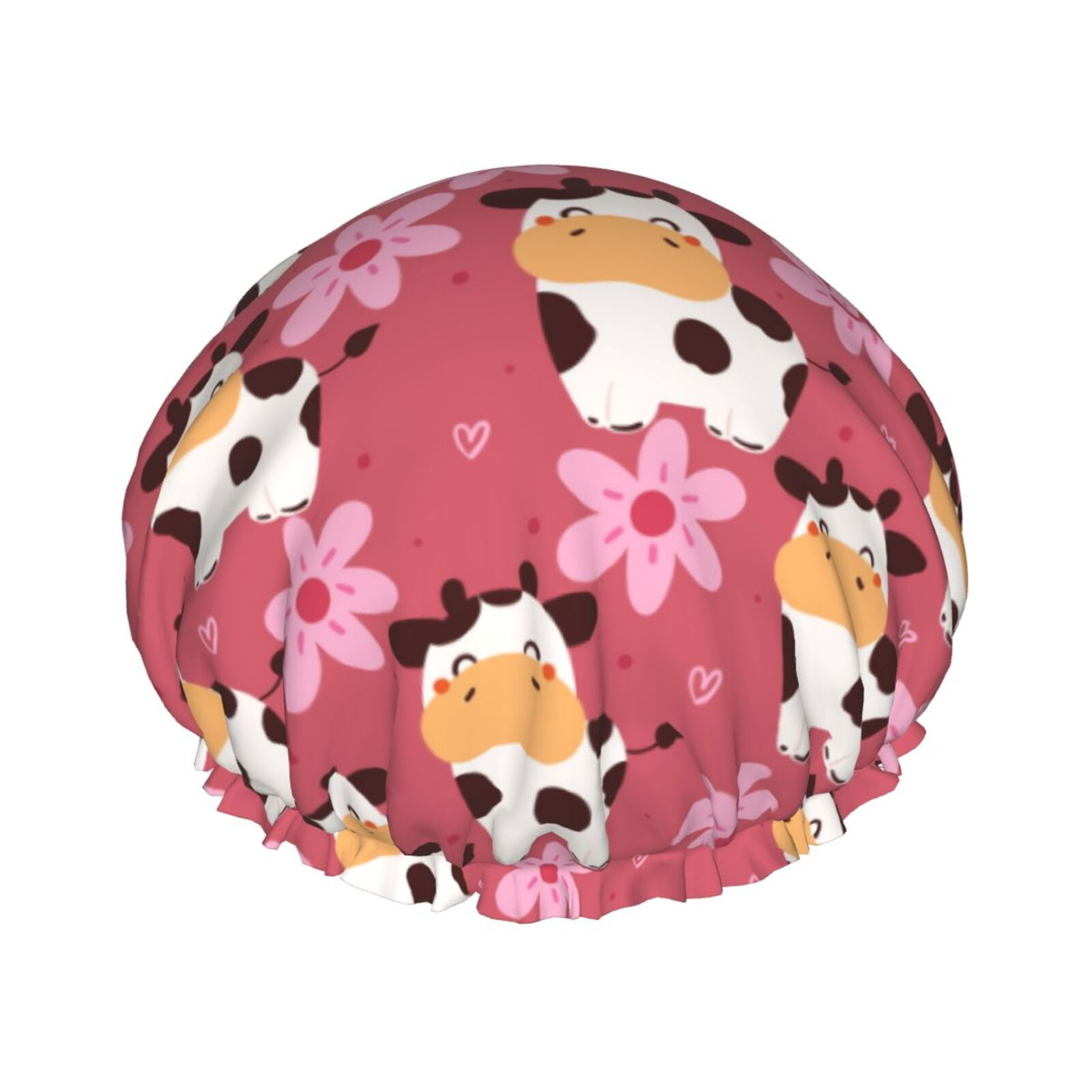 Classic Cute Smiling Cow Flower Shower Cap for Women, Double Waterproof ...