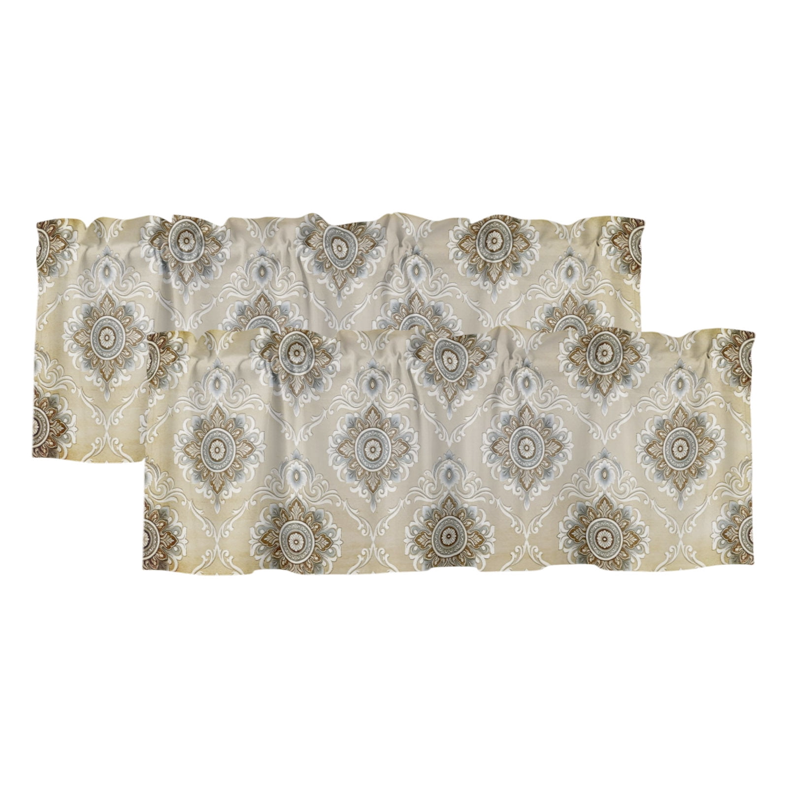 Classic Damask 2 Panels Kitchen Valance, Retro Yellow White Floral ...