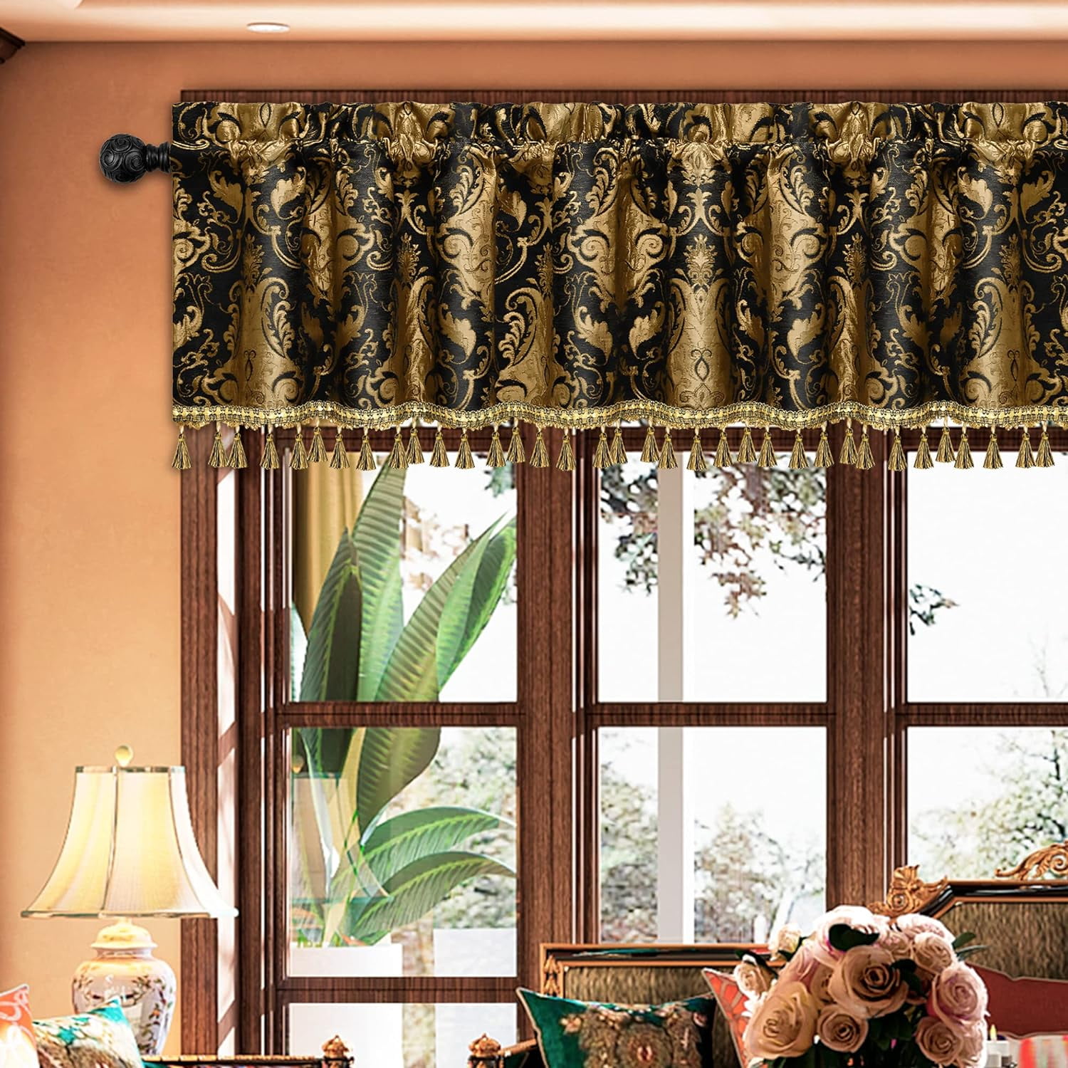 Classic Damask Jacquard Chenille Window Treatment Valances with Tassels ...