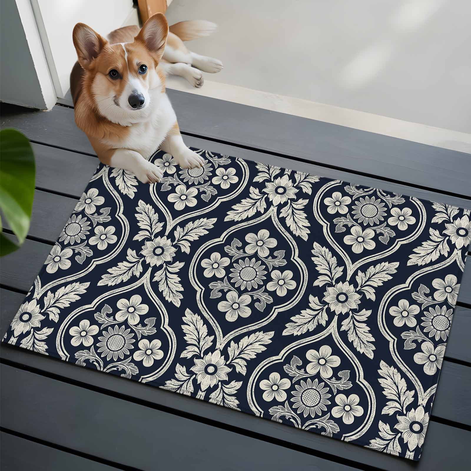 Classic Damask Small Area Rugs 2x3 Vintage Leaves Scrolls Navy Blue ...
