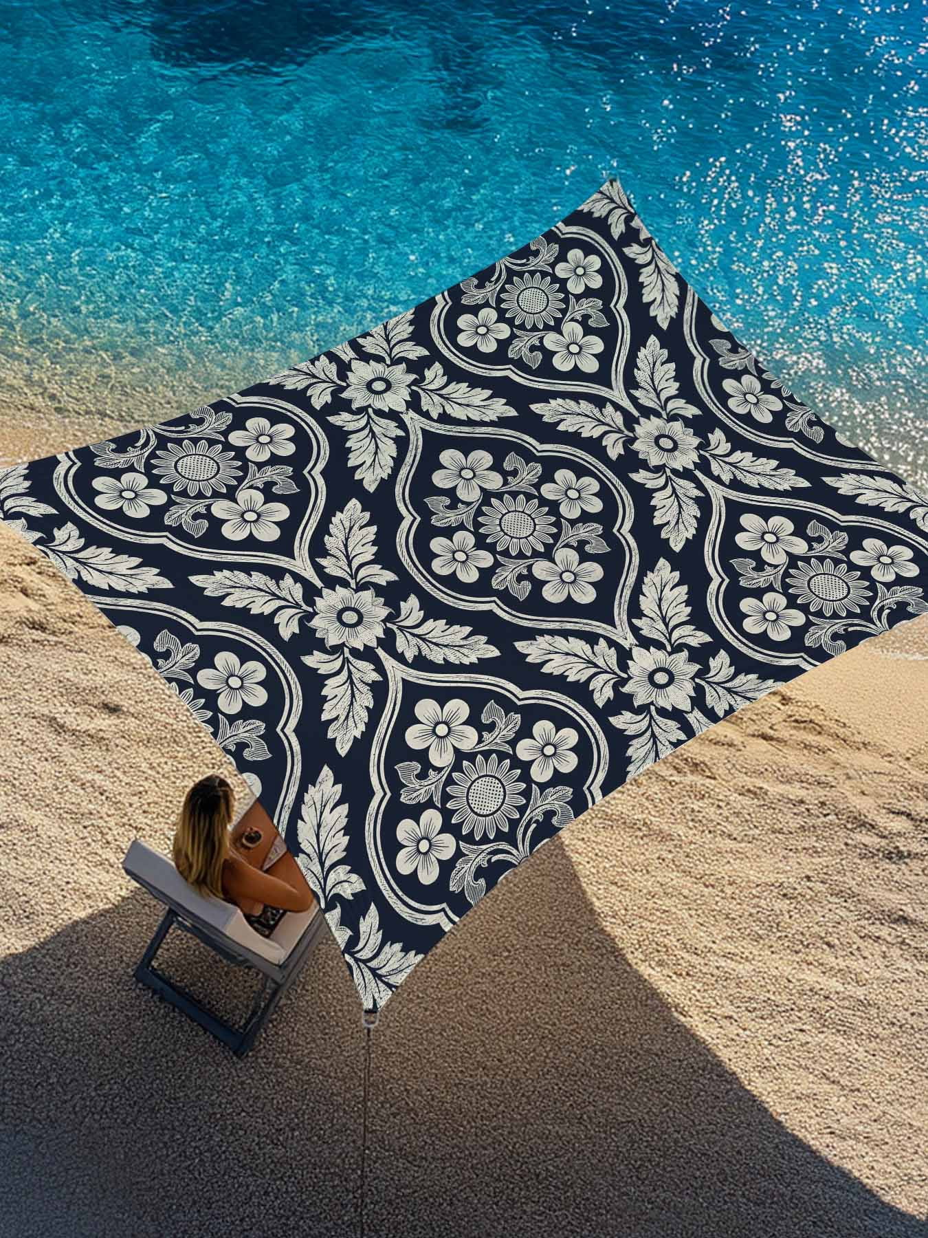 Classic Damask Sun Shade Sail 6.5' x 10', Vintage Leaves Scrolls Navy ...