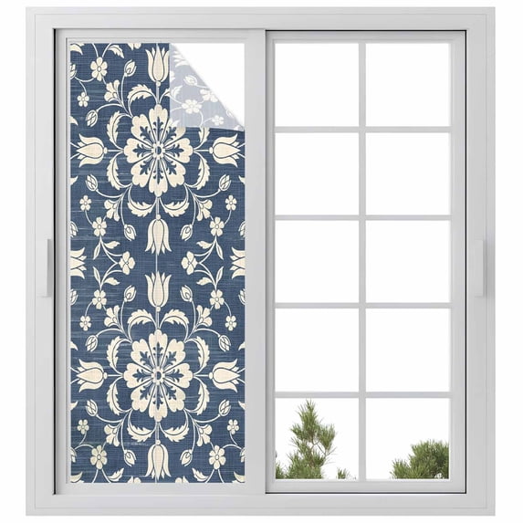 Classic Damask Window Privacy Film Cream Floral Leaves Scrolls Navy ...