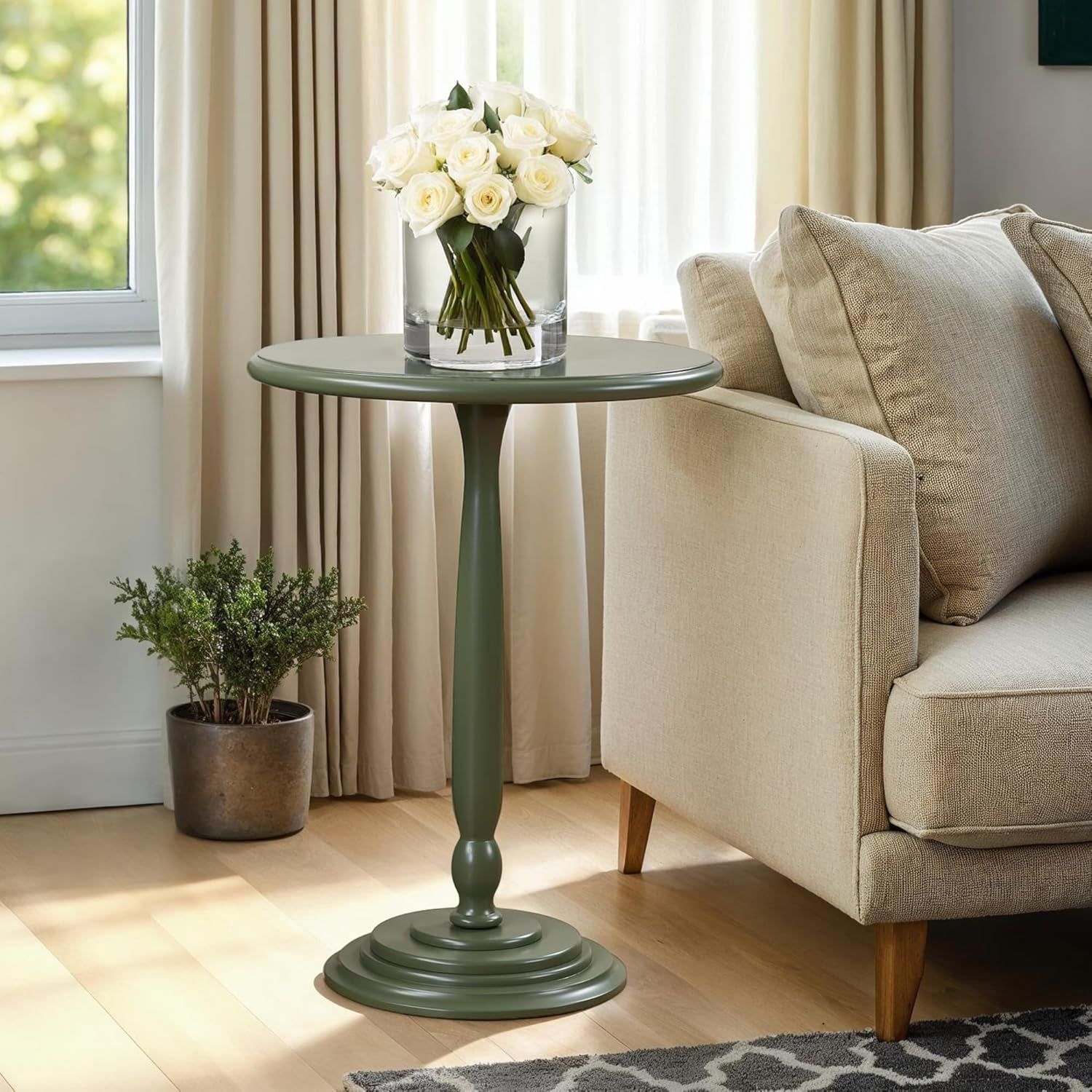 Classic Dark Sage Green Solid Wood Spindle Accent Table, 18" Round ...