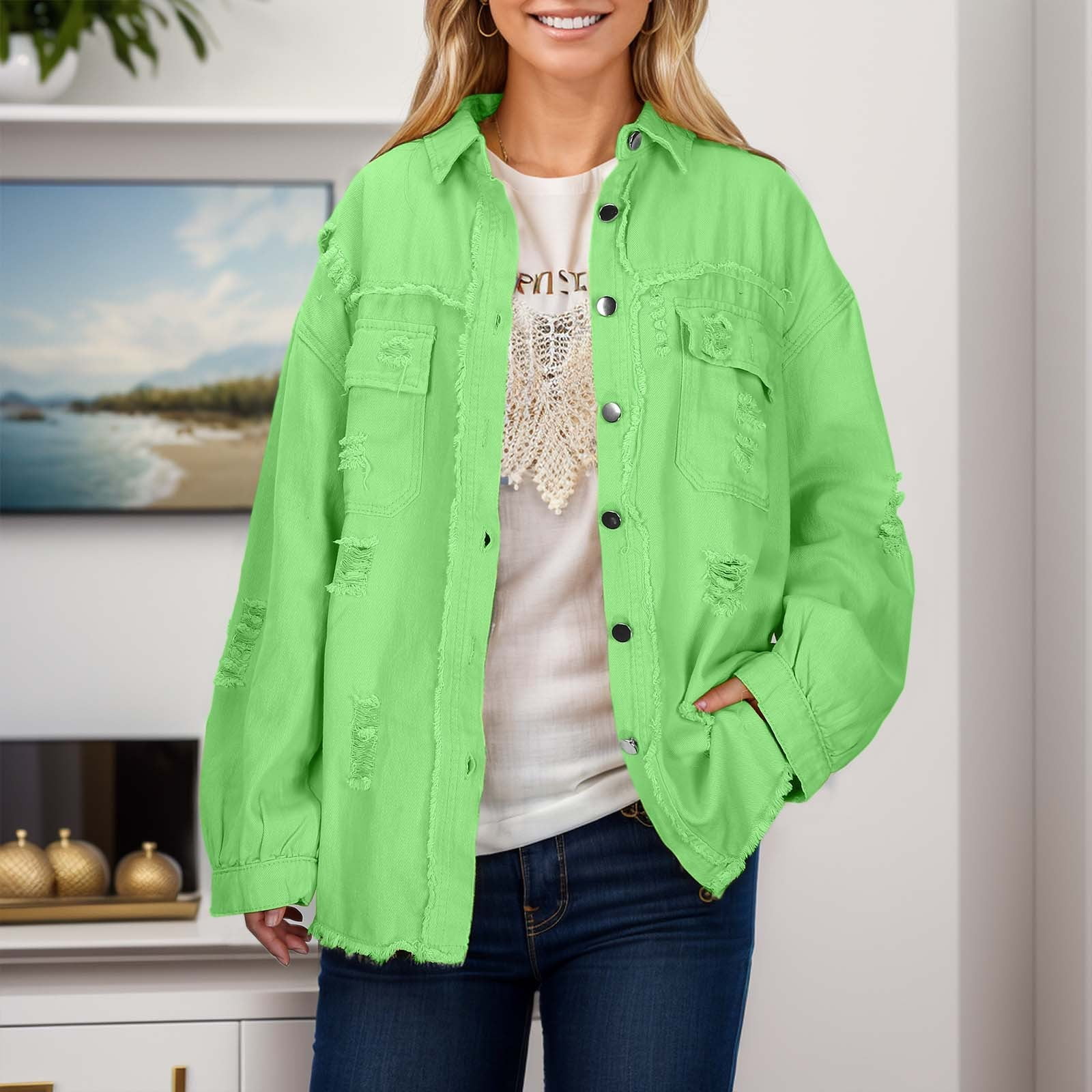 Classic Distressed Denim Jacket Mid Length Long Sleeve Women's Slim Fit ...