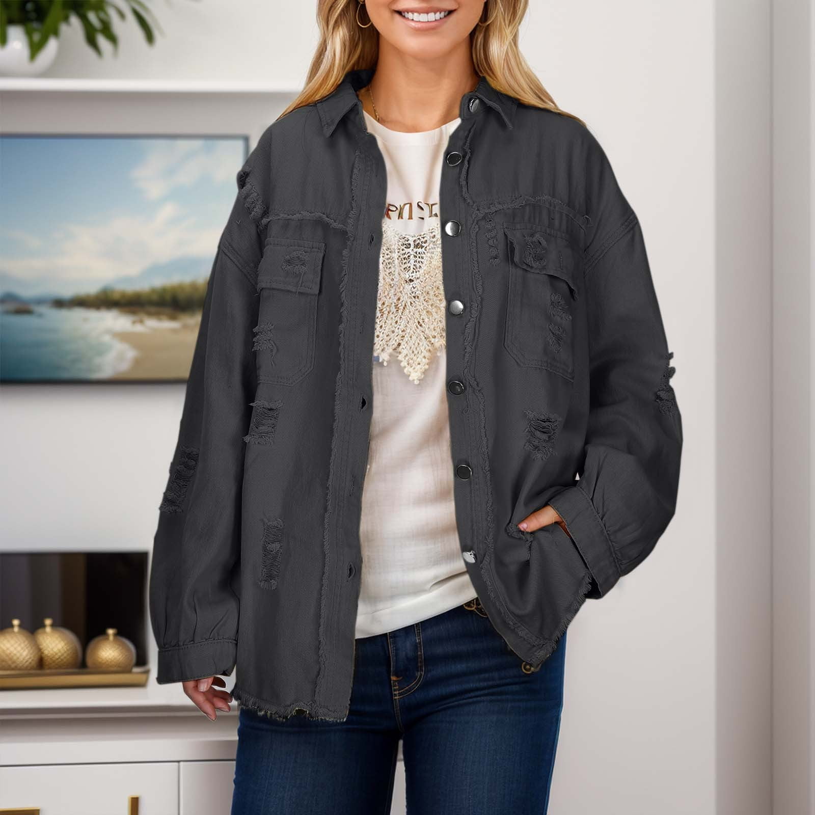 Classic Distressed Denim Jacket Mid Length Long Sleeve Women's Slim Fit ...