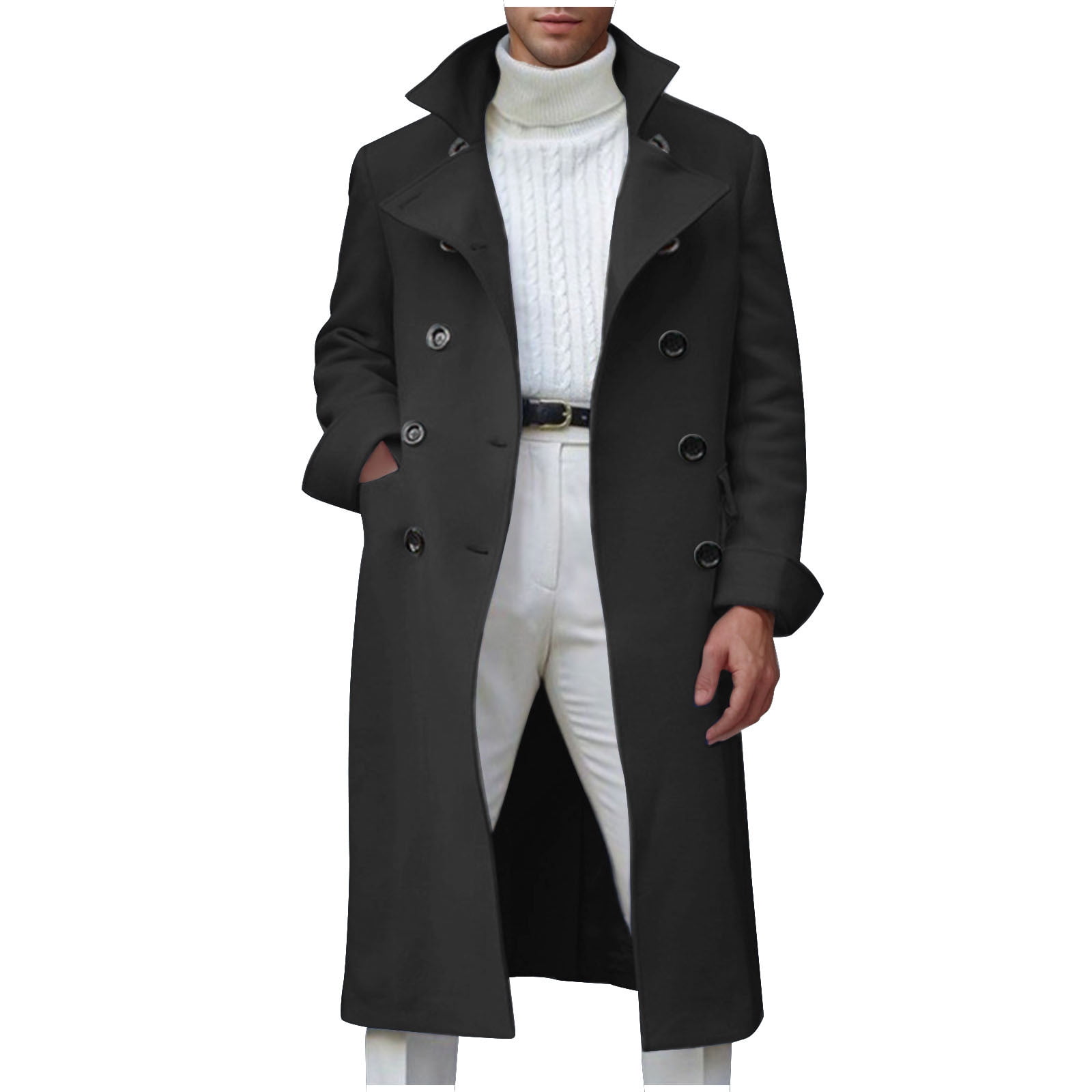 Classic Double Breasted Trench Coat for Men Wool Blend Jacket Overcoat ...