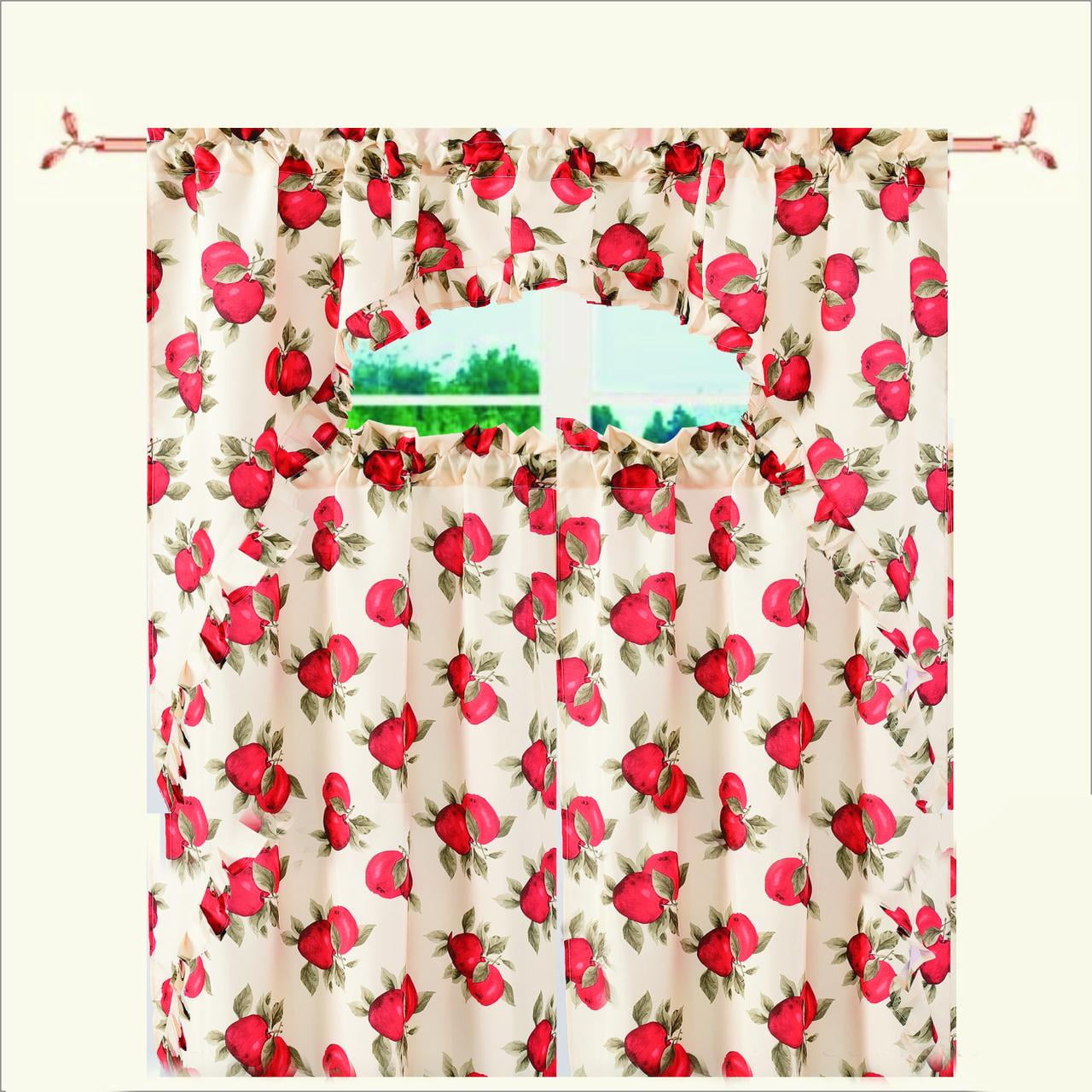 Classic Euro Apples 3 Piece Kitchen Curtain Set, With Large Apples ...