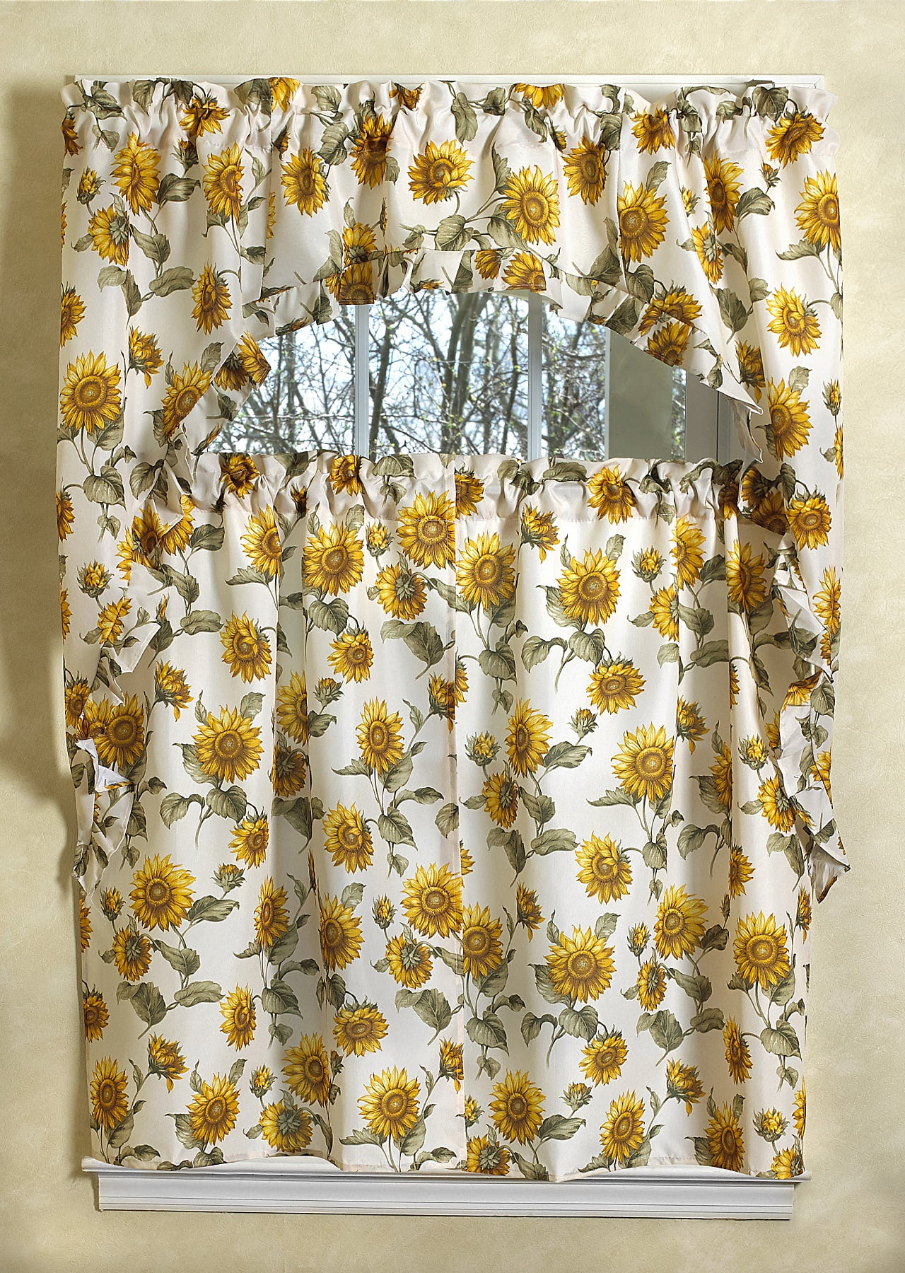 Classic Euro Sunflower 3 Piece Kitchen Curtain Set, With Large ...