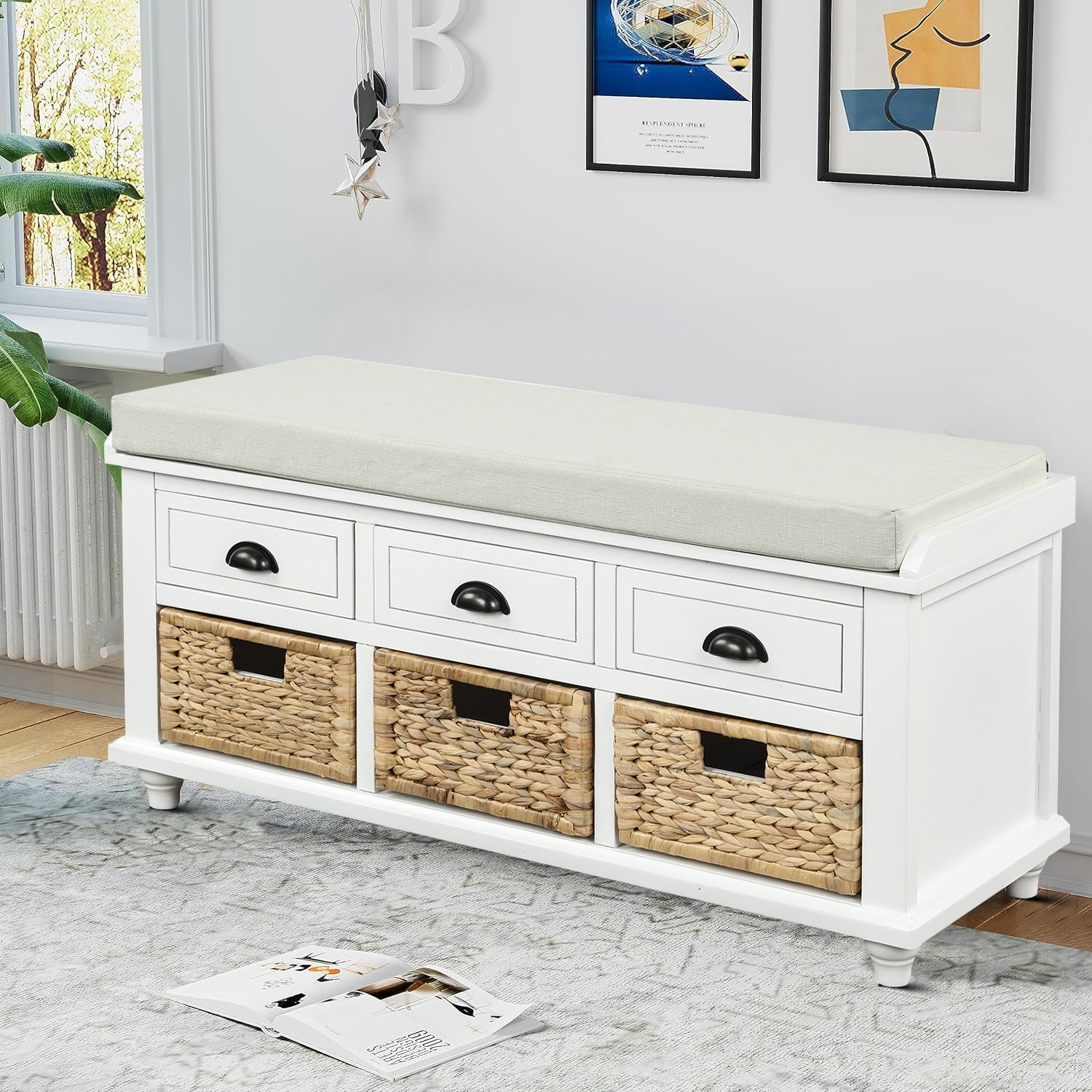 Classic Farmhouse Style Storage Bench with a Removable Linen Blend Seat ...