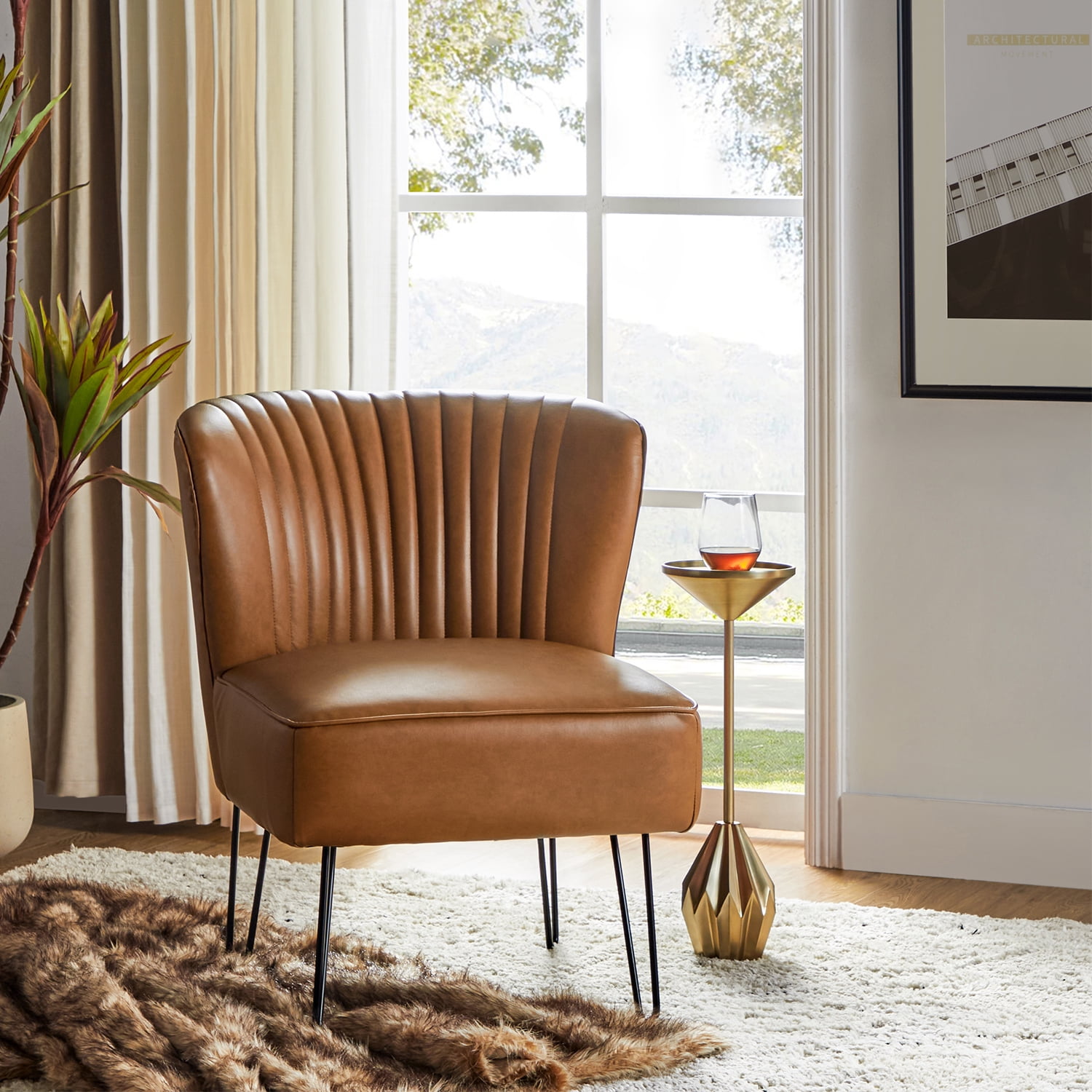 Classic Faux Leather Accent Chair, Tufted Mid-back, Metal Base, Living ...