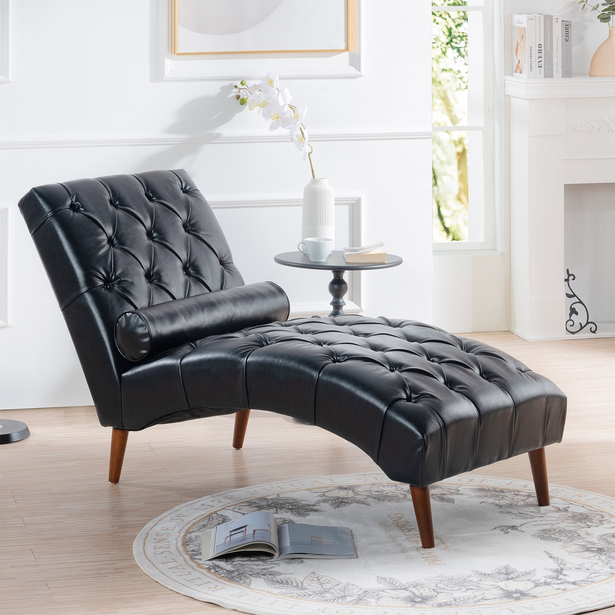 Classic Faux Leather Upholstered Chaise Lounge, Button Tufted Sleeper ...