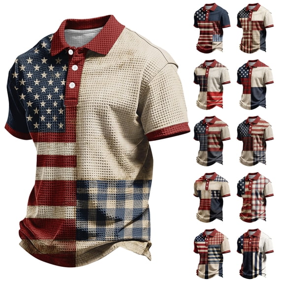 Classic Fit Men's Polo Tops with American Flag Elements and Geometric ...