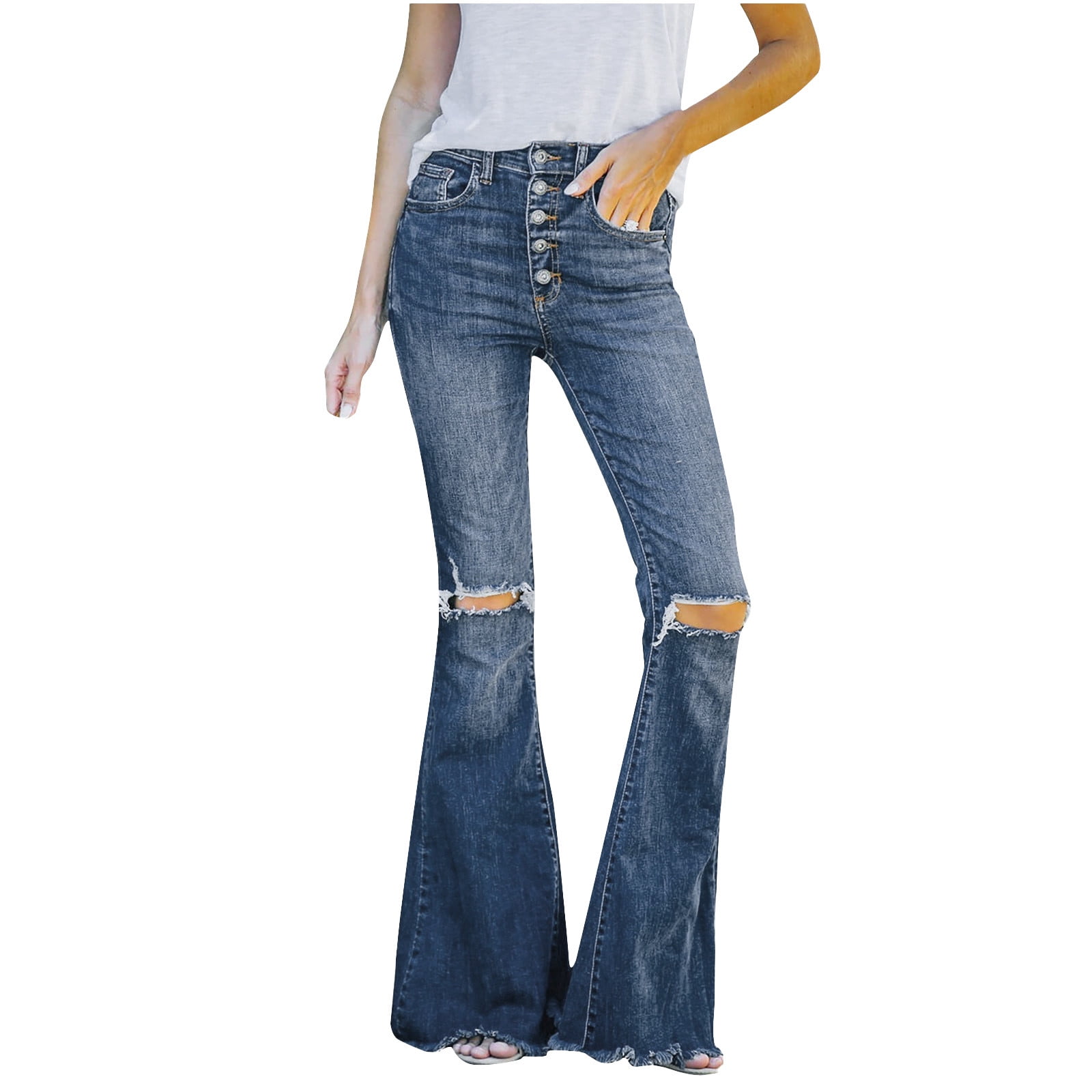Classic Flare Bell Bottoms Jeans for Women Ripped Frayed Hem High Rise ...