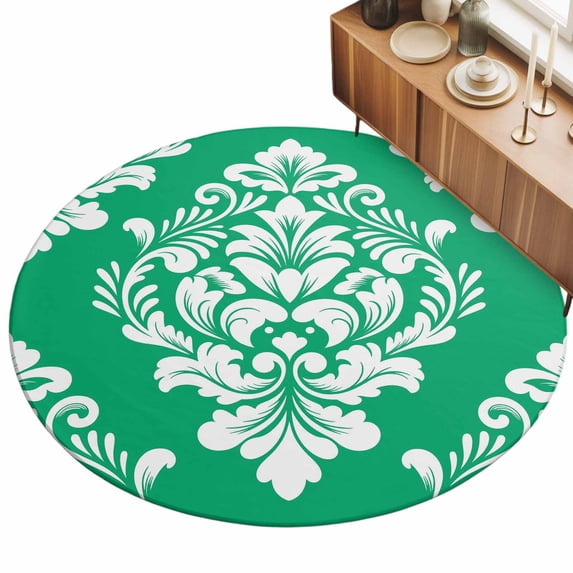 Classic Floral Pattern 3.3ft Non Slip Round Area Rug Green Background ...