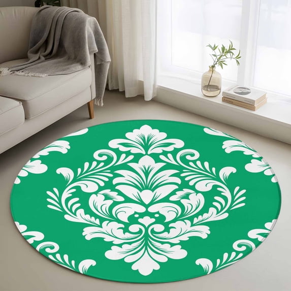 Classic Floral Pattern 3FT Round Area Rugs Green Background White ...