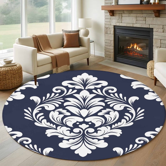 Classic Floral Pattern 8FT Round Area Rugs for Living Room Navy Blue ...