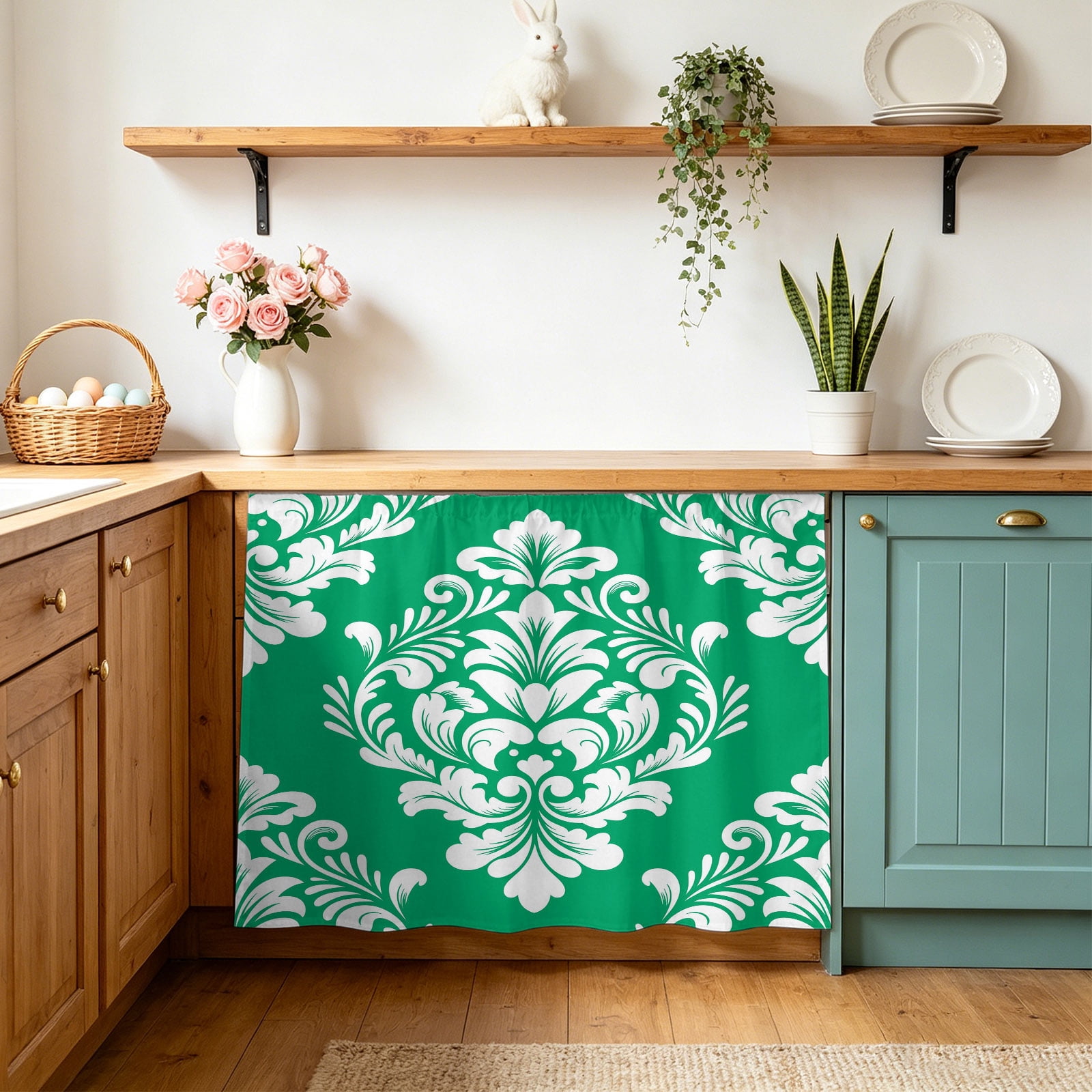 Classic Floral Pattern Cabinet Curtains 10" W x 11" L Green Background ...