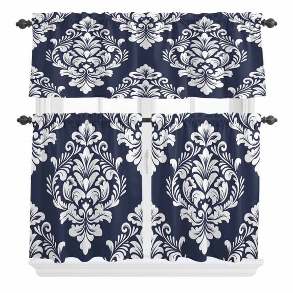 Classic Floral Pattern Curtain Valances Set Navy Blue Background White ...