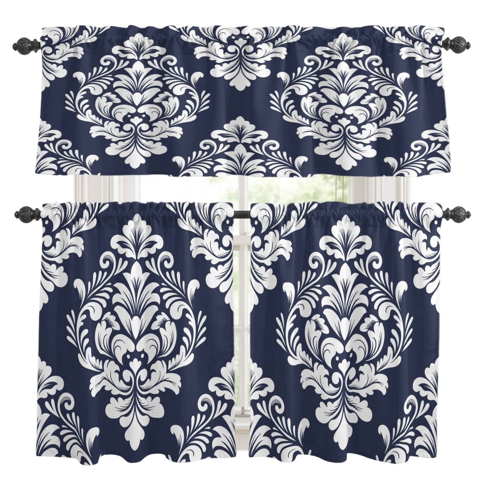 Classic Floral Pattern Kitchen Curtains Set for Windows, Navy Blue ...