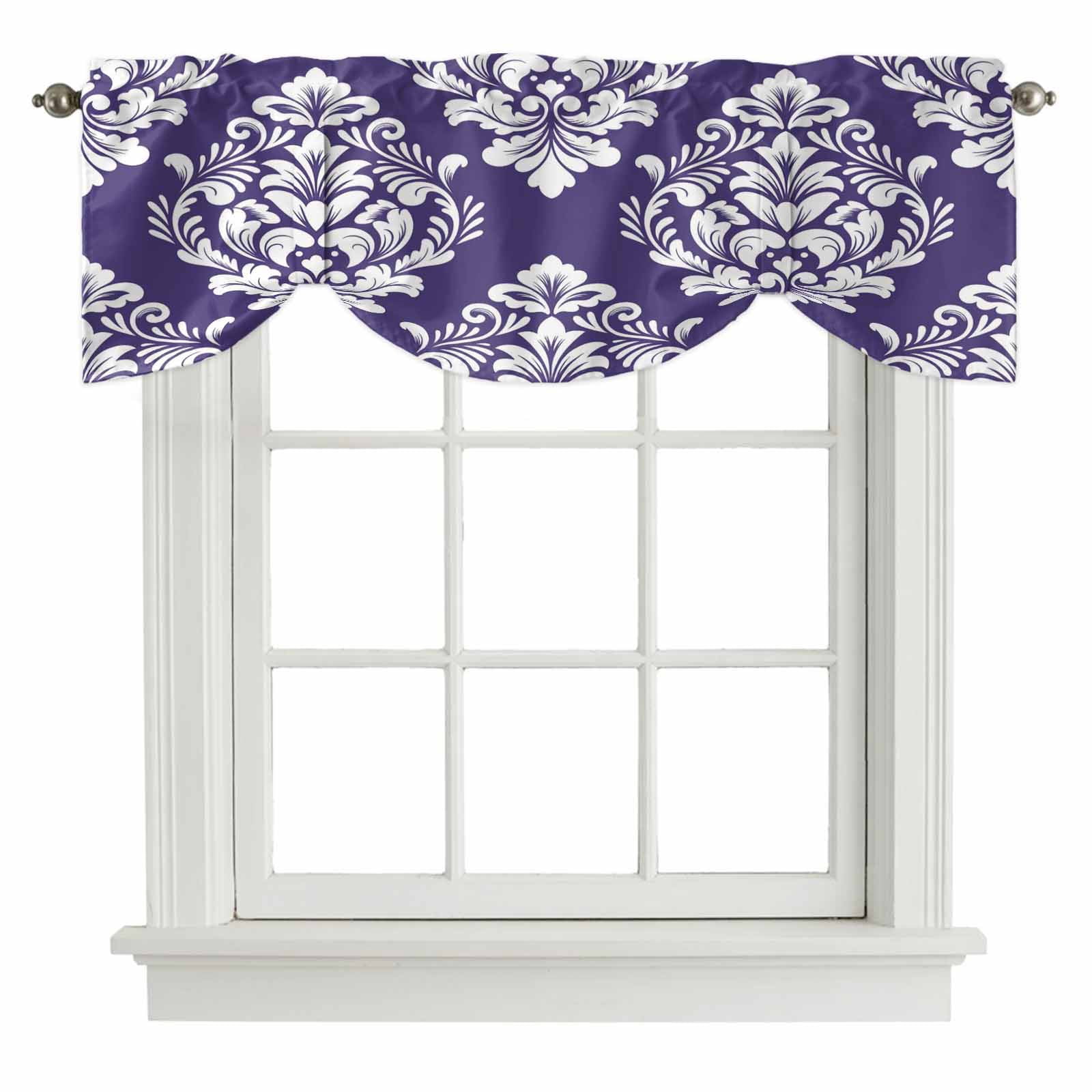 Classic Floral Pattern Tie Up Valance Curtains Purple Background White ...