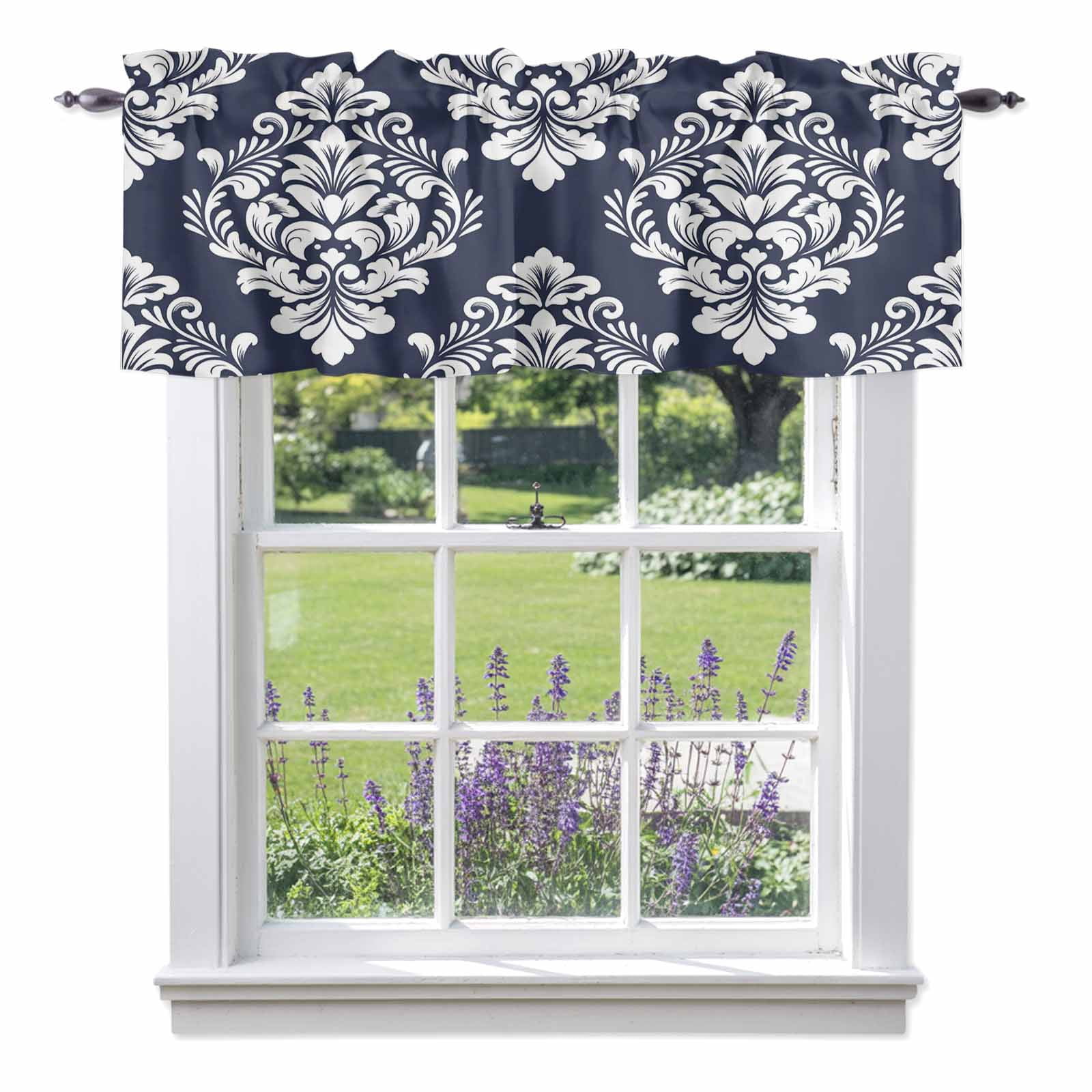 Classic Floral Pattern Valance Curtain for Windows Navy Blue Background ...