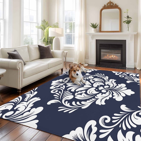 Classic Floral Pattern Washable Area Rug 5x7 Navy Blue Background White ...