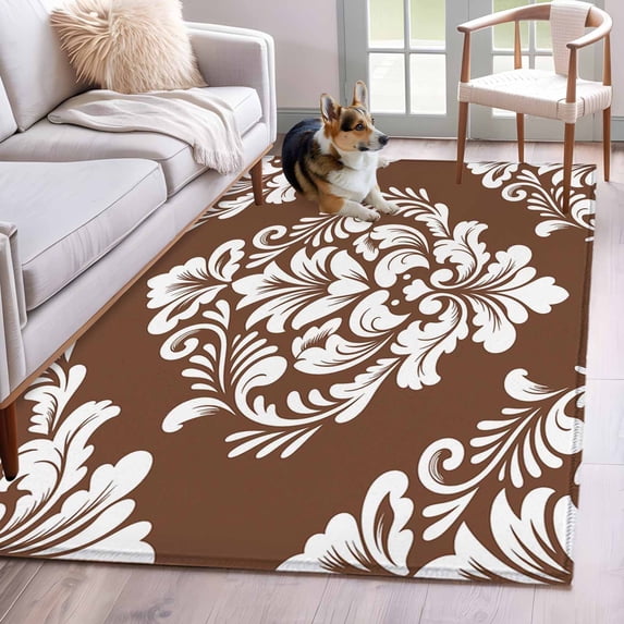 Classic Floral Pattern Washable Area Rugs 4'x6', Brown Background White ...