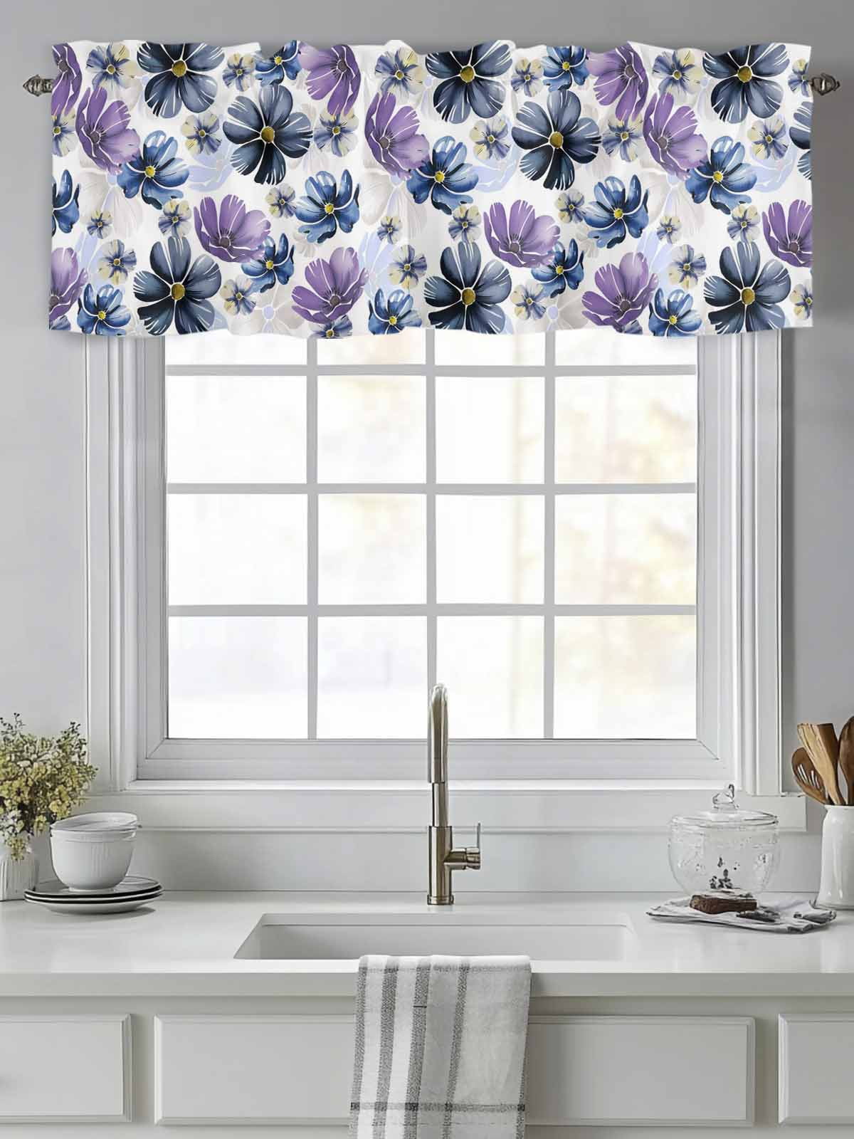 Classic Flower Blue Purple Valances for Windows,Kitchen Valance Rod ...