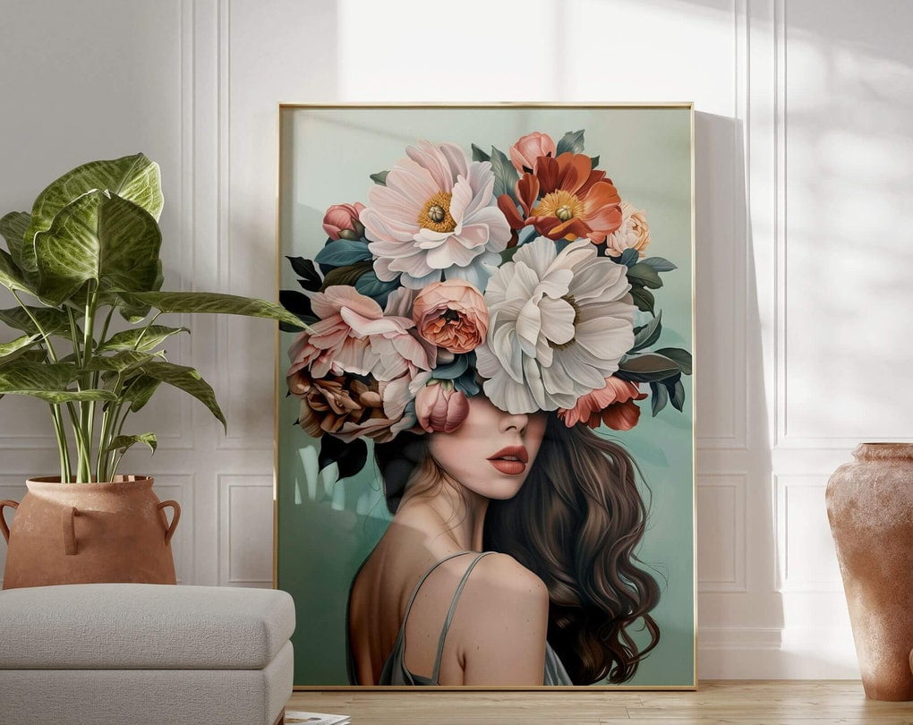 Classic Flower Bouquet Woman Print, Large Art, Contemporary Wall Art ...
