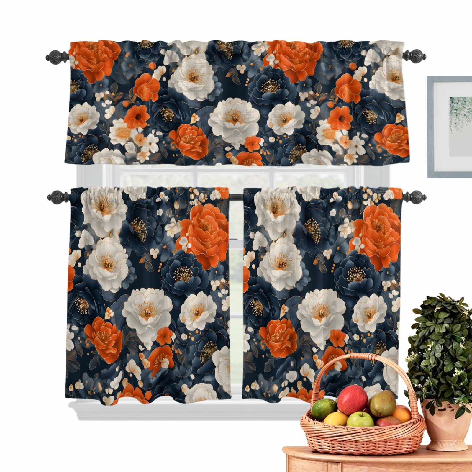 Classic Flower Kitchen Curtains Valances 3 Piece Set, Spring Retro Red ...